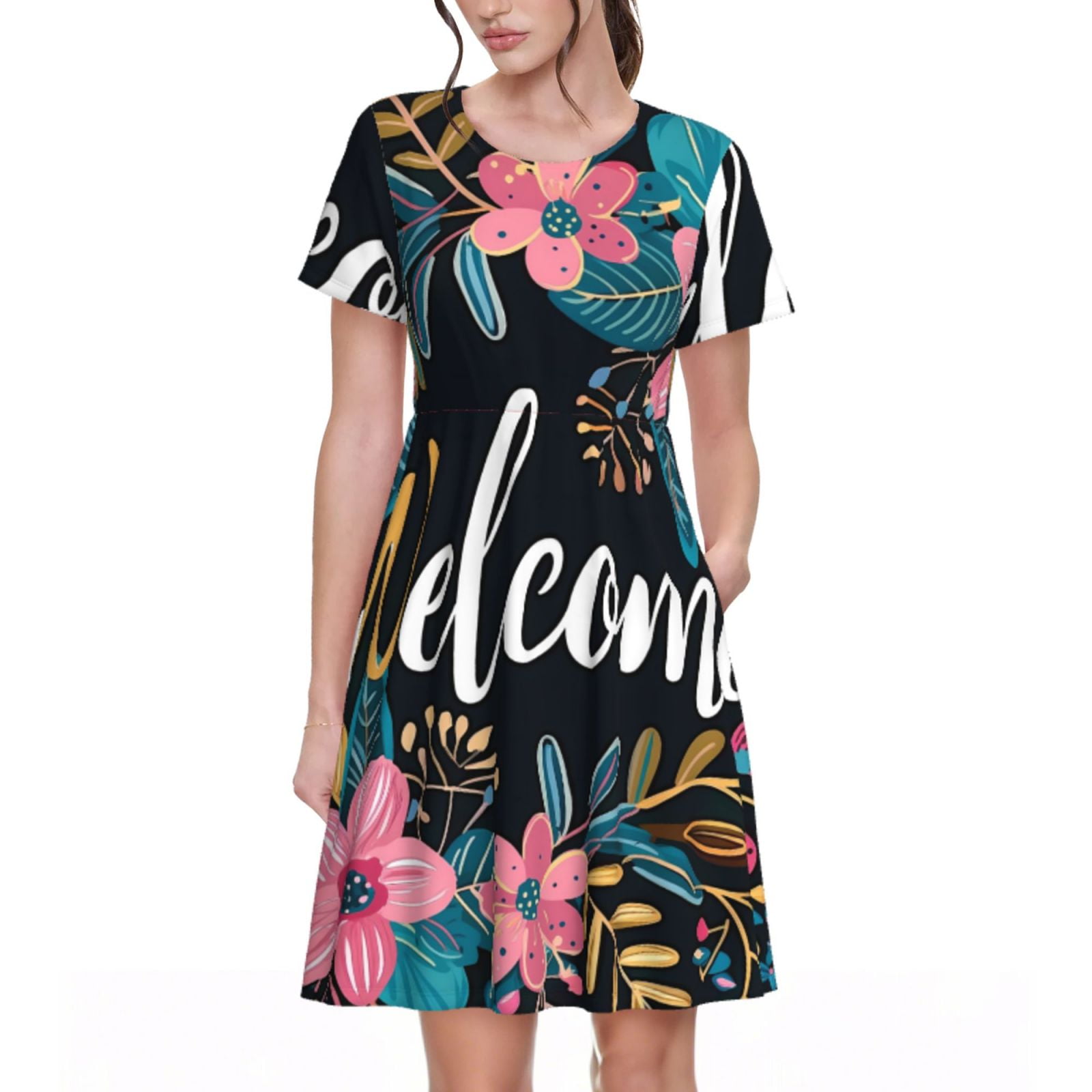 Balery Floral Welcome Sign Pattern Womens Dresses Loose Short sleeve ...