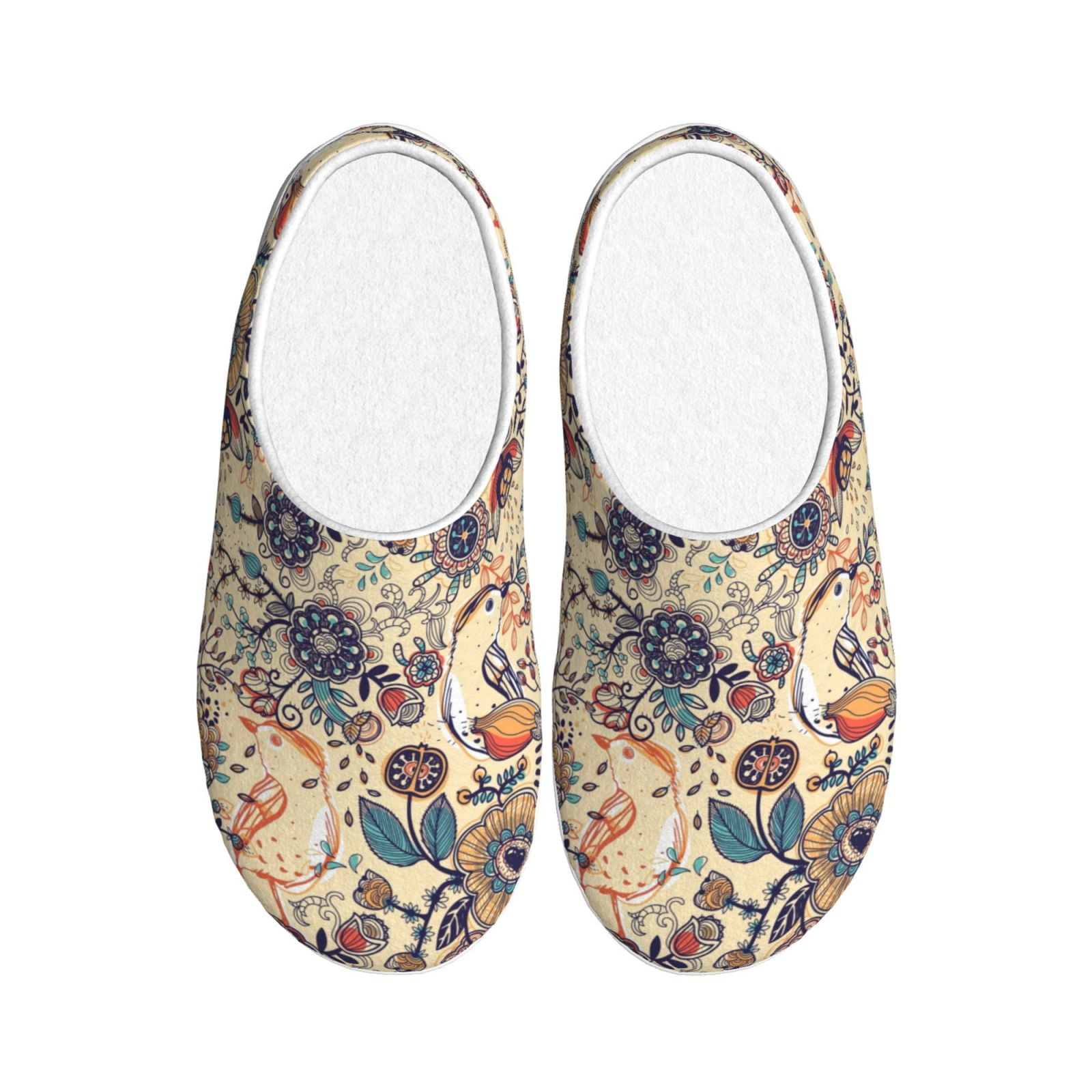 Balery Floral With Birds Pattern Women's Fuzzy Memory Foam Slippers ...