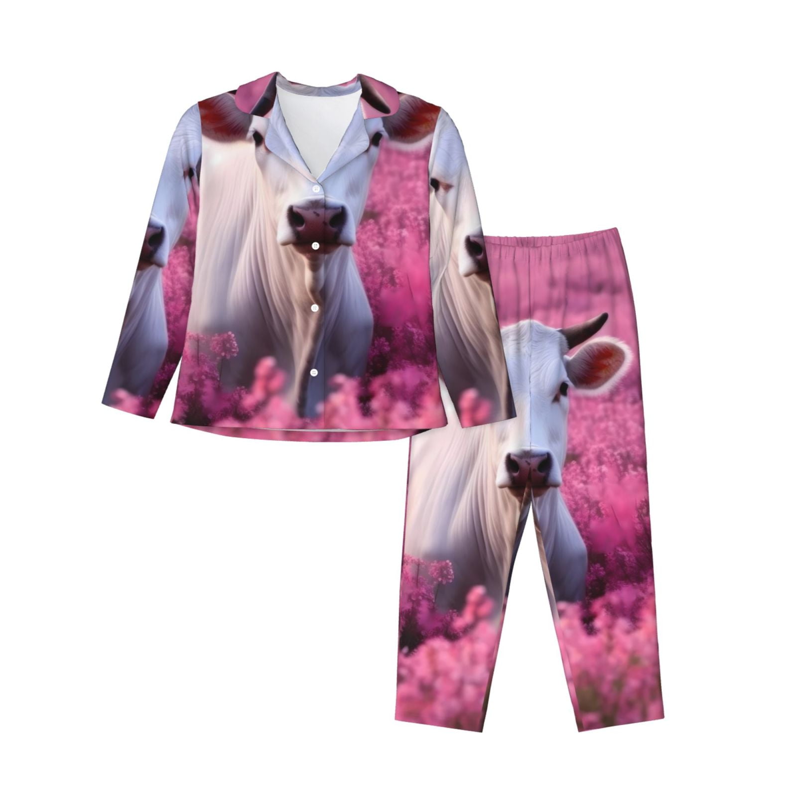 Balery Flower Field Cow Pattern Pajama Sets for Women Long Sleeve 2 ...