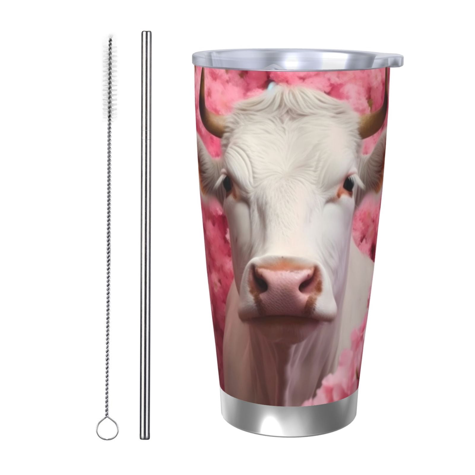 Balery Flower White Cow Pattern 20oz Insulated Car Cup with Dual Drink ...