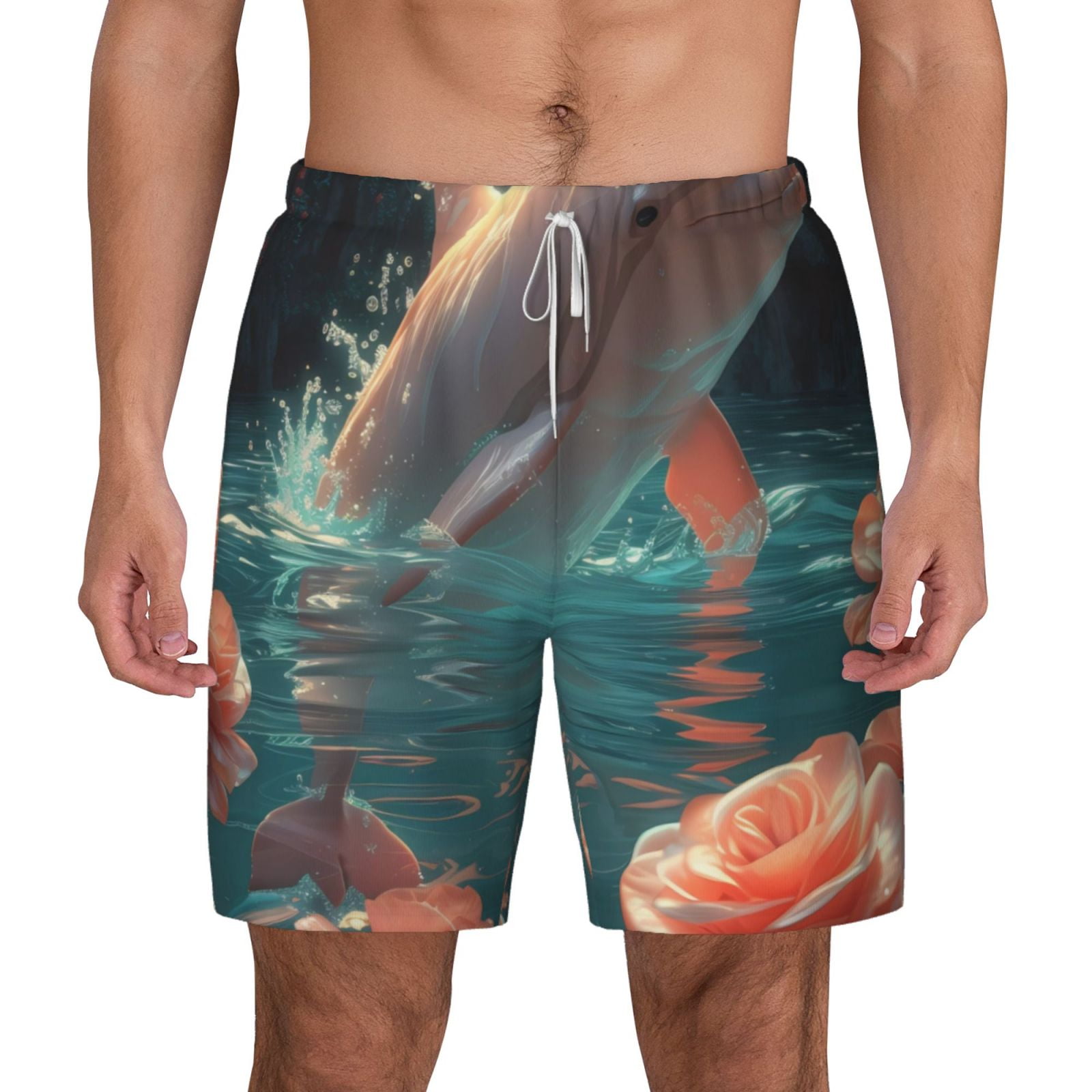 Balery Flower White Dolphin Mens Swim Trunks Swim Shorts for Men Quick ...