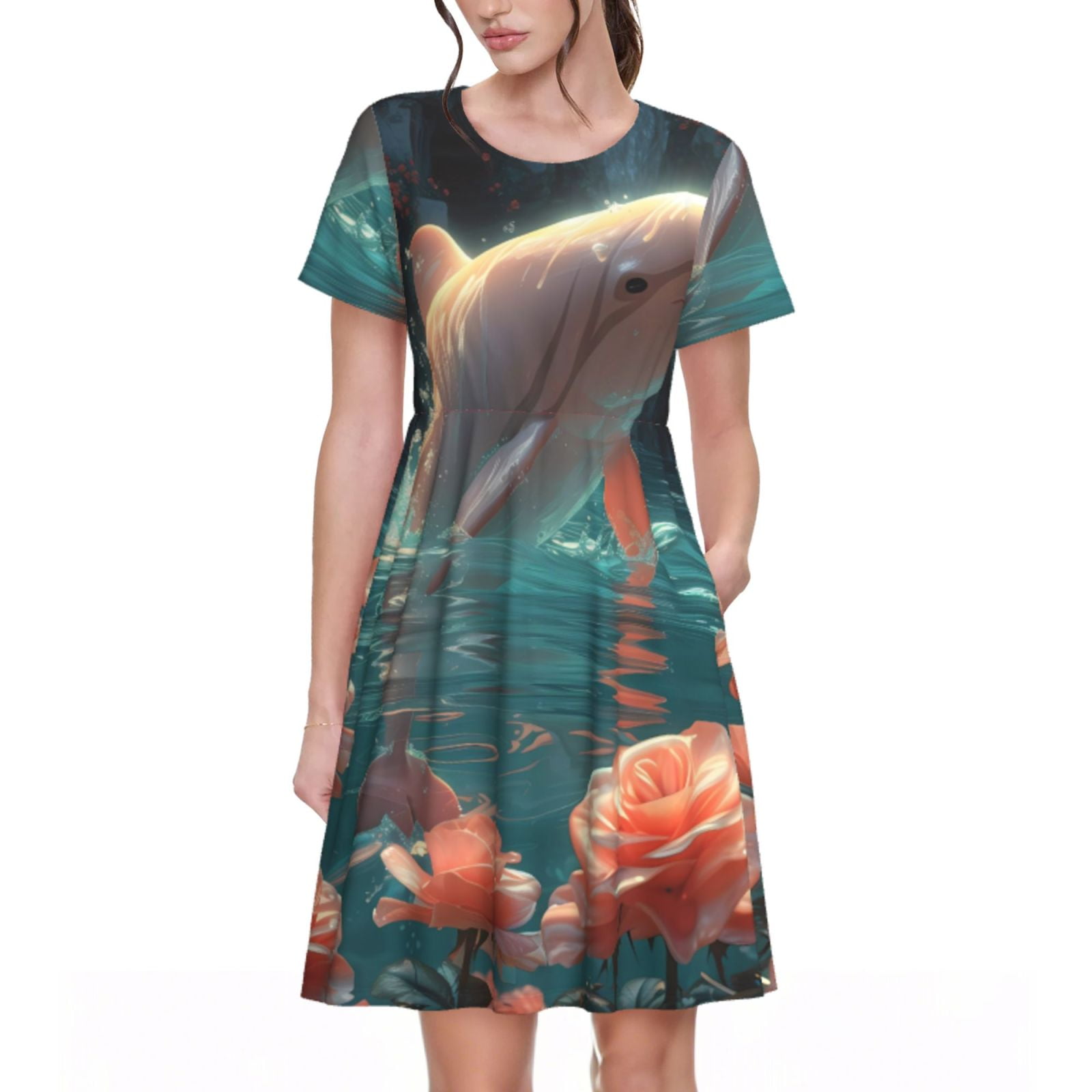 Balery Flower White Dolphin Pattern Womens Dresses Loose Short sleeve ...