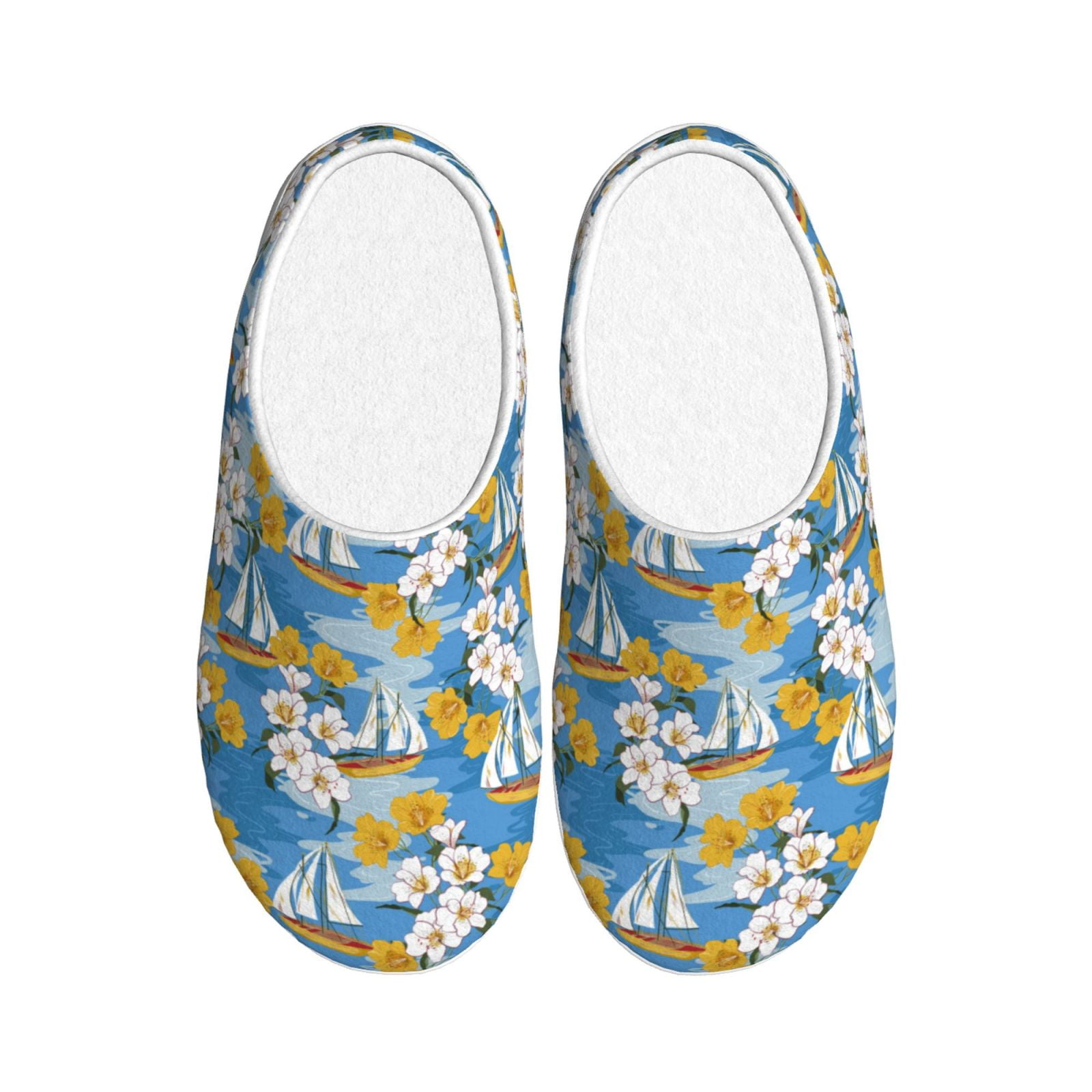 Balery Flower and Sail Boat Pattern Women's Fuzzy Memory Foam Slippers ...