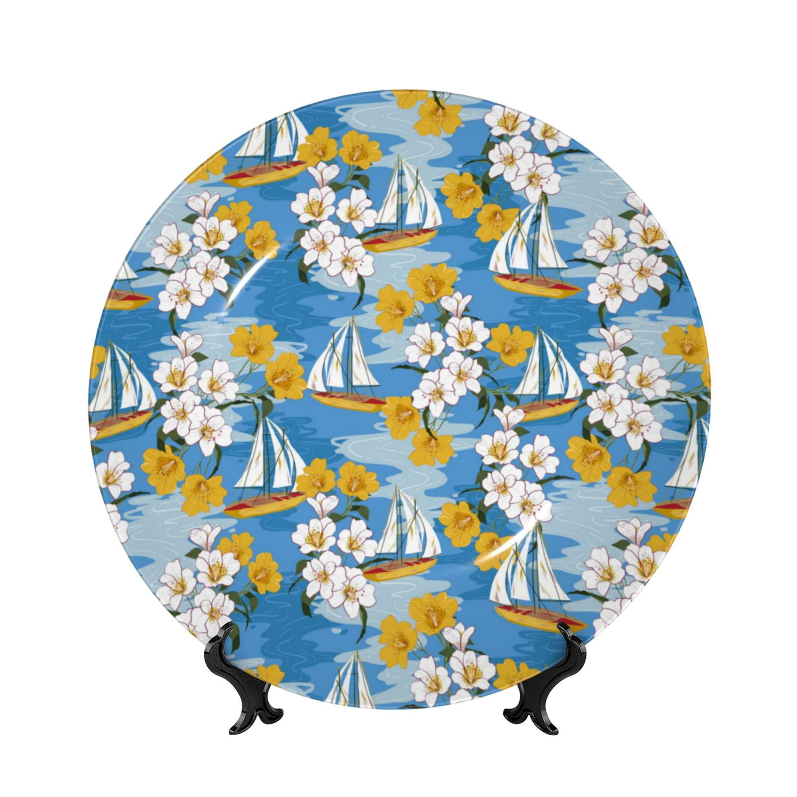 Balery Flower and Sail Boat Print Bone China Decorative Plate Ceramic ...