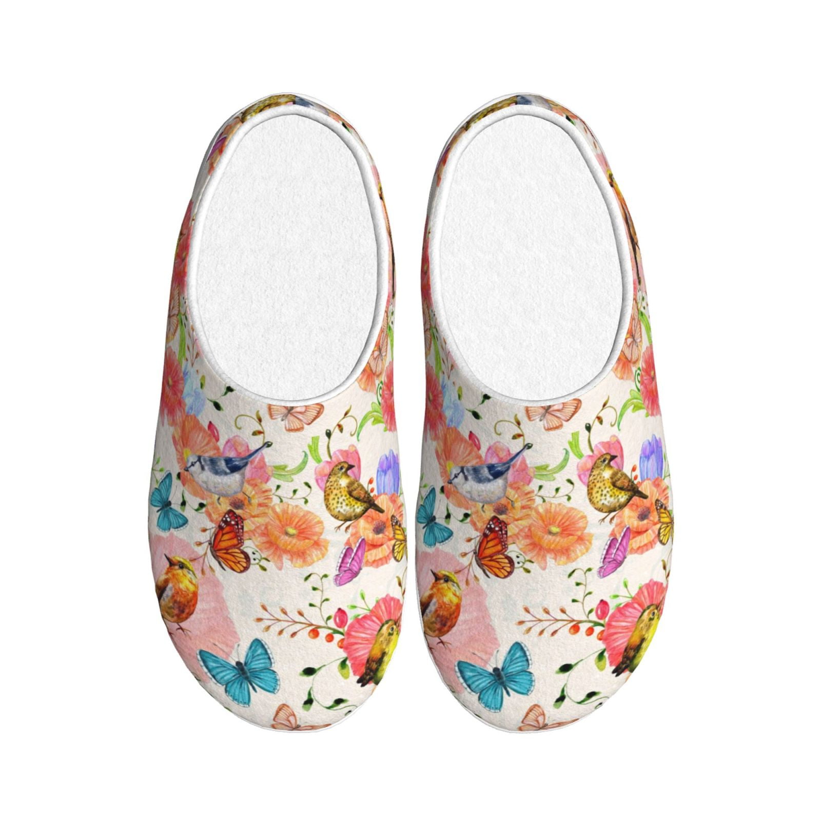 Balery Flowers And Birds Watercolor Pattern Women's Fuzzy Memory Foam ...
