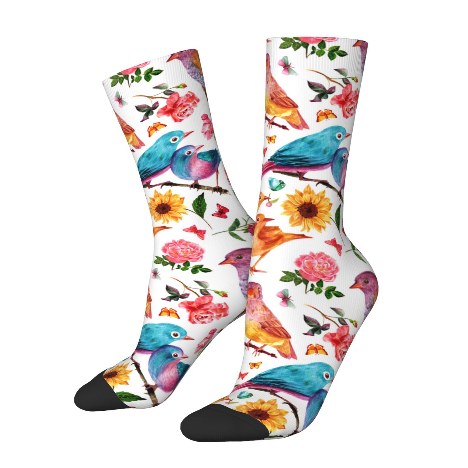 Balery Flowers Birds And Butterflies Pattern Crew Socks Unisex– Soft ...