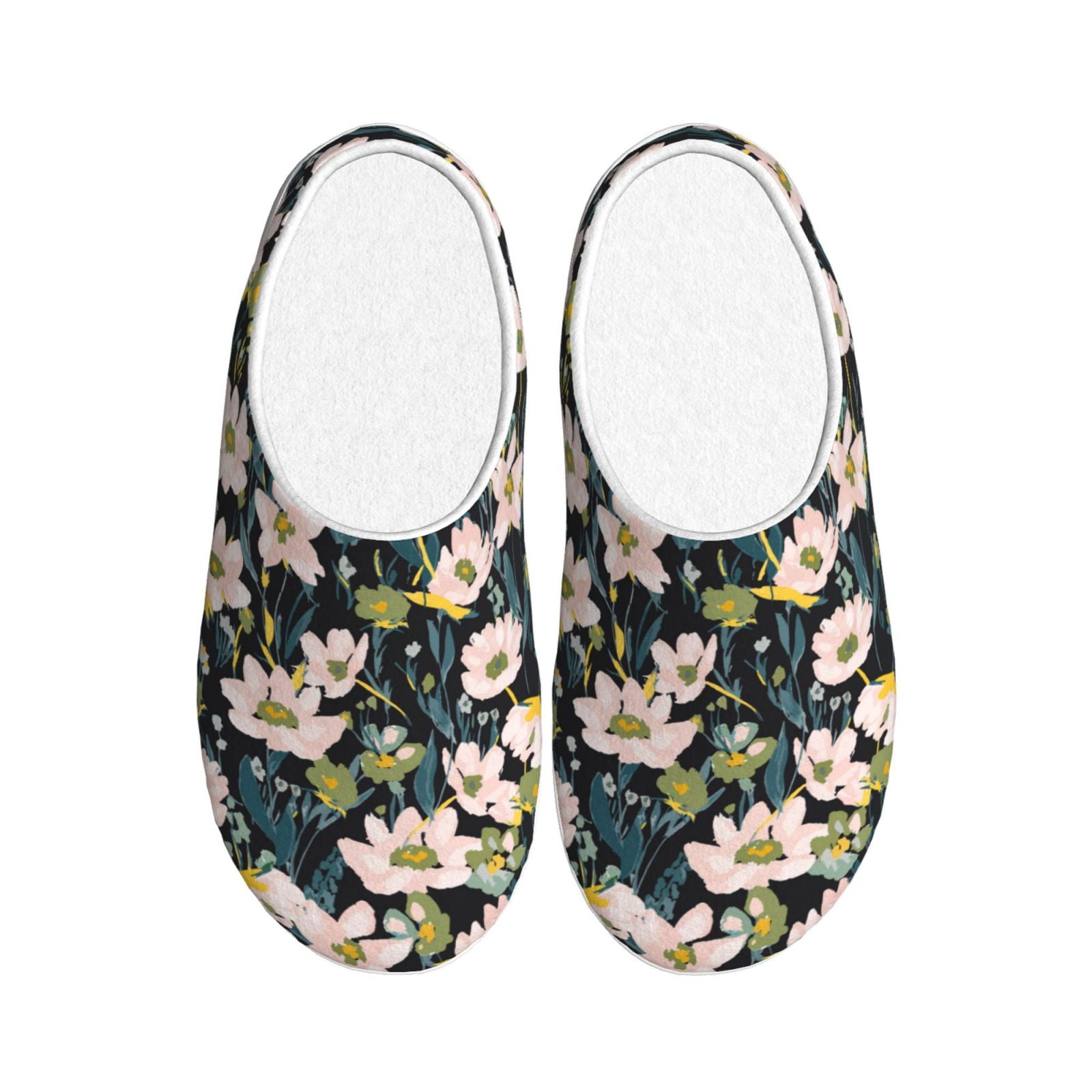 Balery Flowers Pattern Women's Fuzzy Memory Foam Slippers Fluffy Winter ...