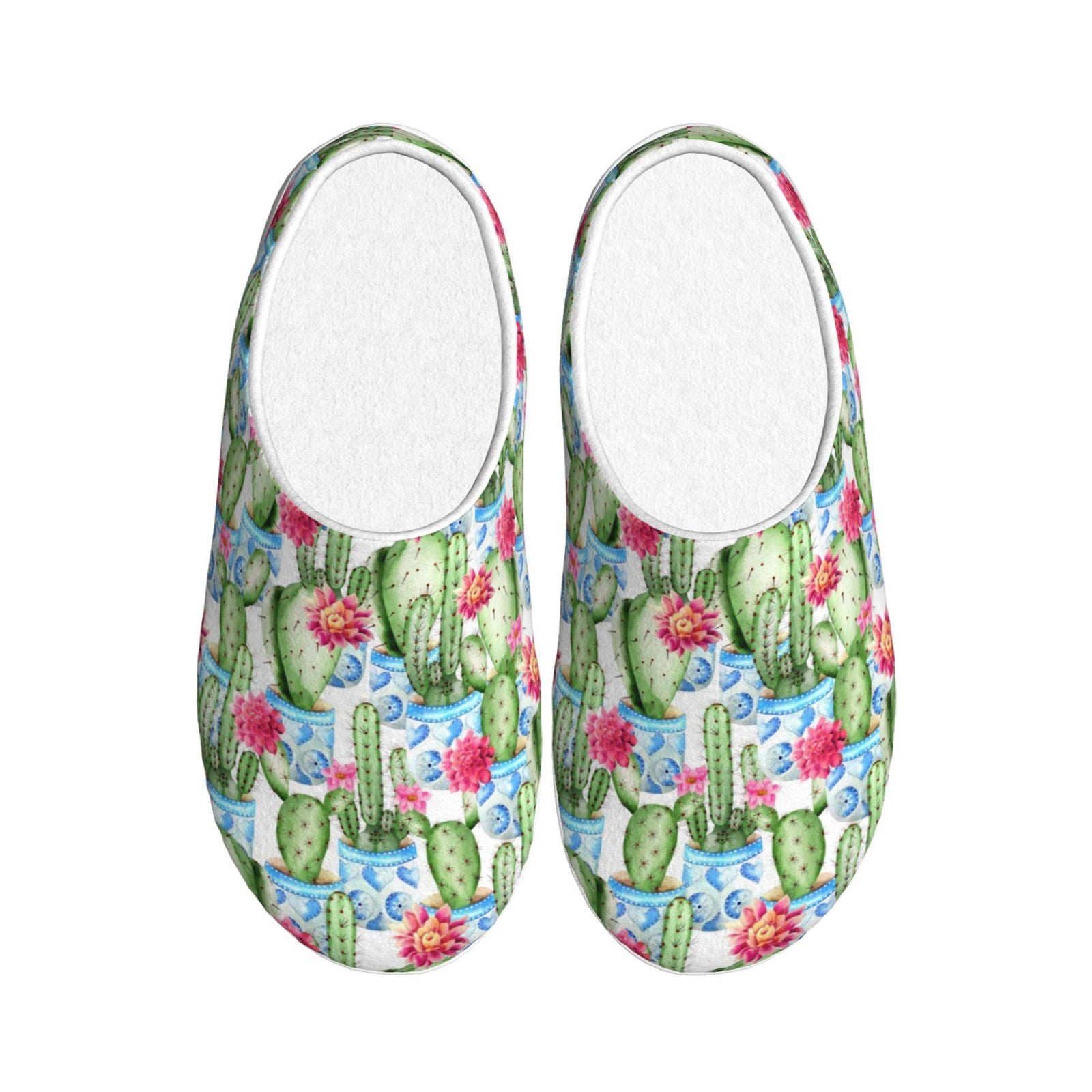 Balery Flowers and Cactus Pattern Women's Fuzzy Memory Foam Slippers ...