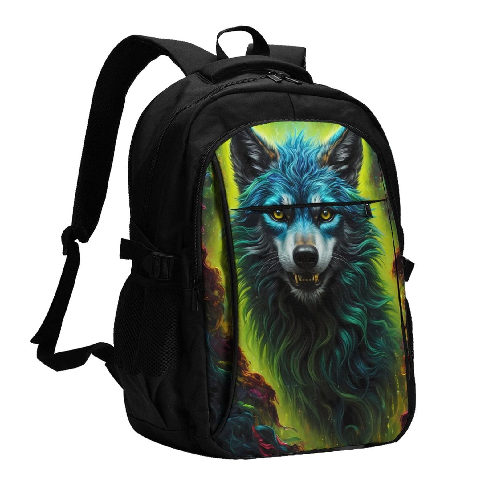 Balery Fluorescent Wolf Print USB Charging Backpack for Men and Women ...