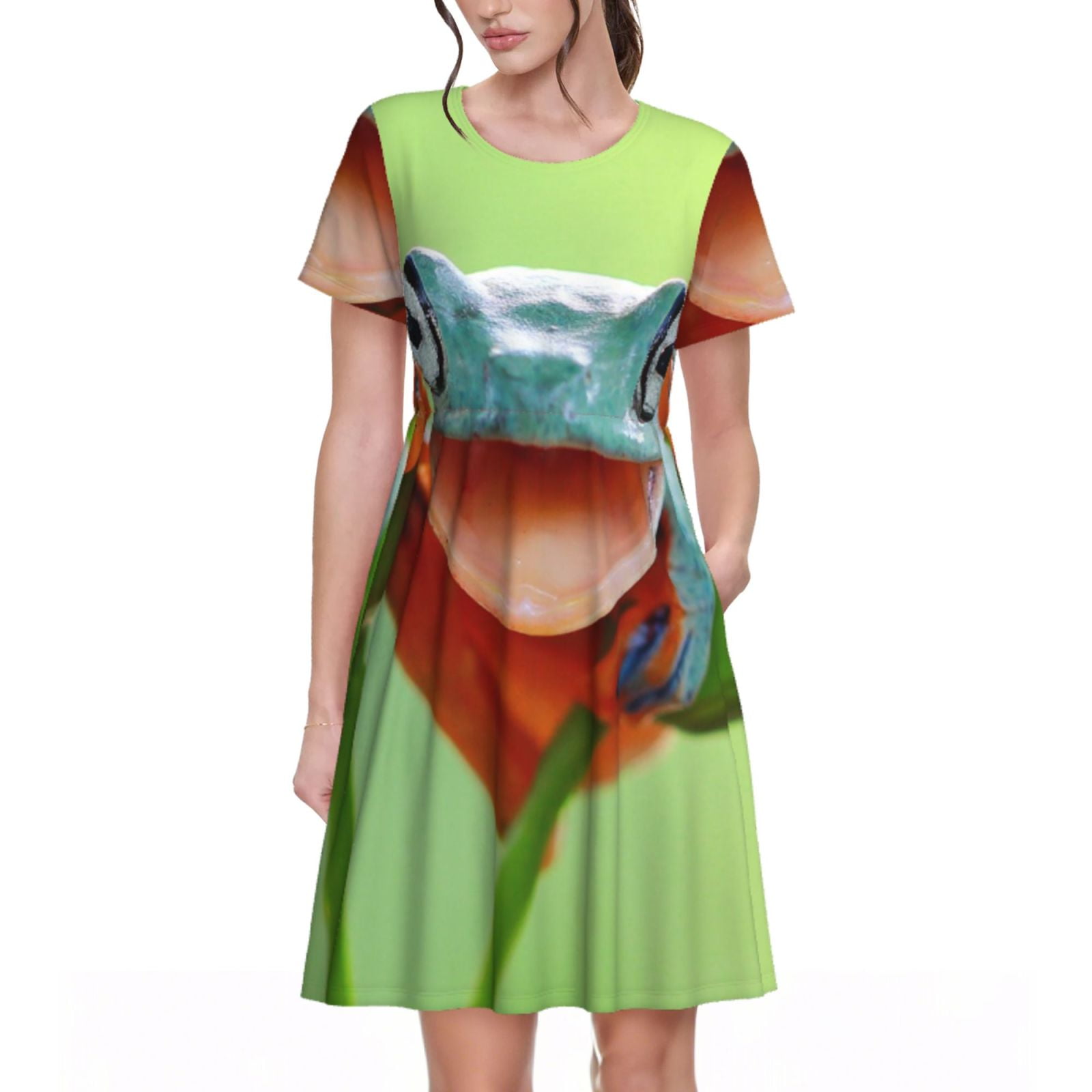 Balery Flying Frog On Branch Pattern Womens Dresses Loose Short sleeve ...