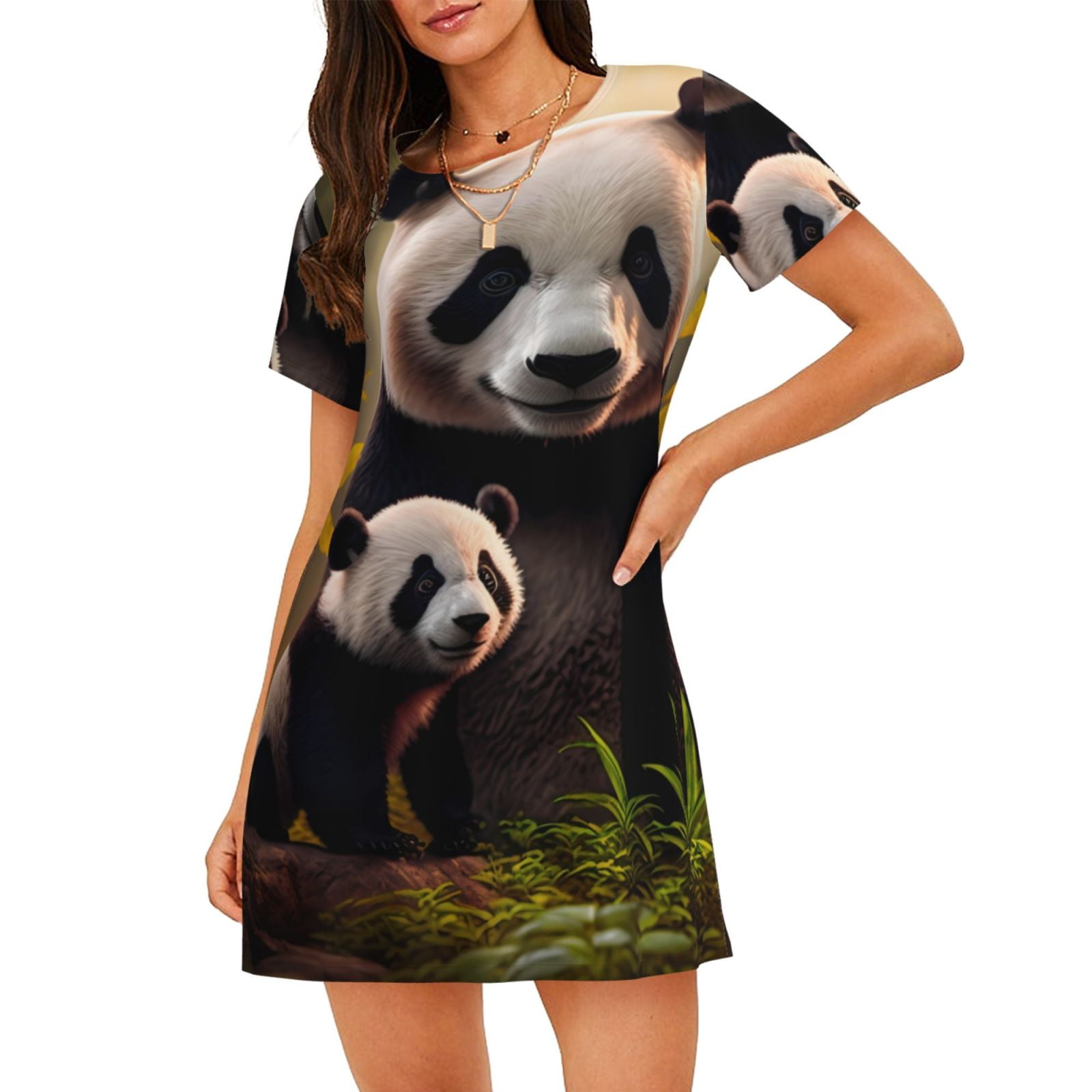 Balery Forest Panda Pattern Womens Short Sleeve Sleepshirt Scoopneck ...