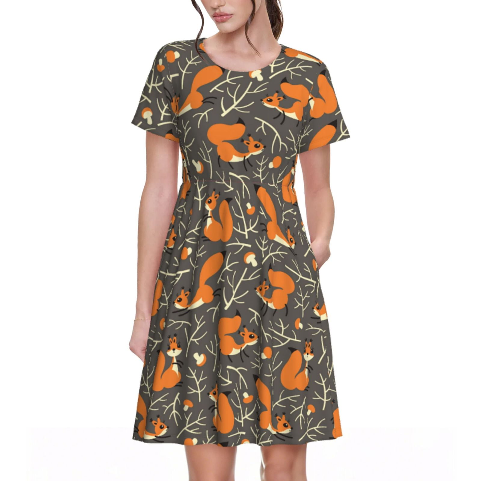 Balery Fox And Mushroom Pattern Womens Dresses Loose Short sleeve ...