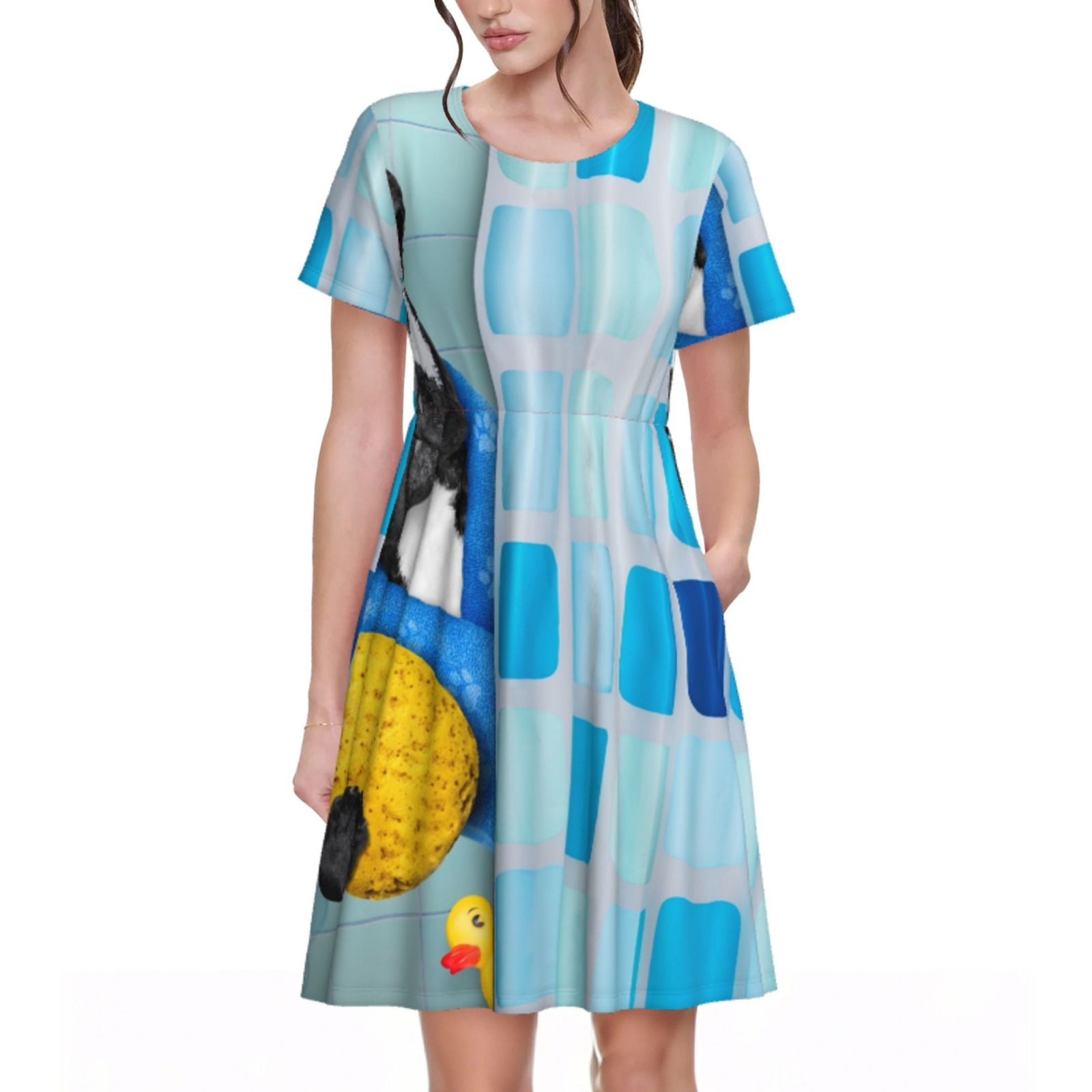 Balery French Bulldog Dog in a Bathtub Pattern Womens Dresses Loose ...