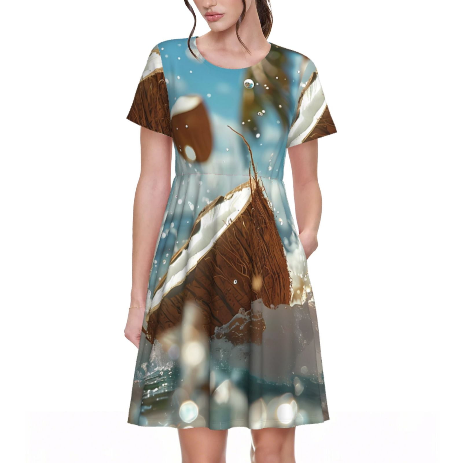 Balery Fresh Coconut Splash Pattern Womens Dresses Loose Short sleeve ...