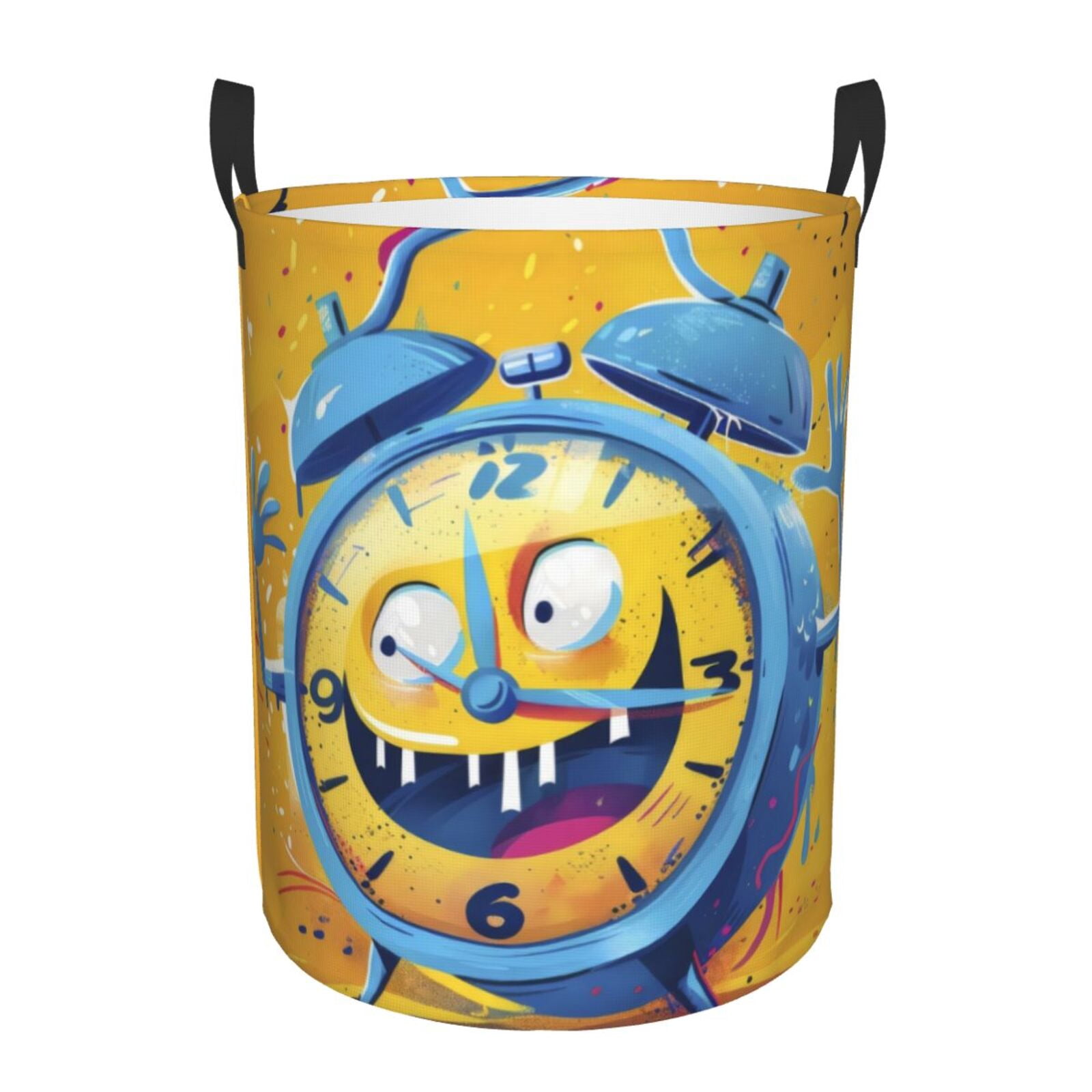 Balery Funny Alarm Clock Illustration Round Laundry Basket with Handles ...