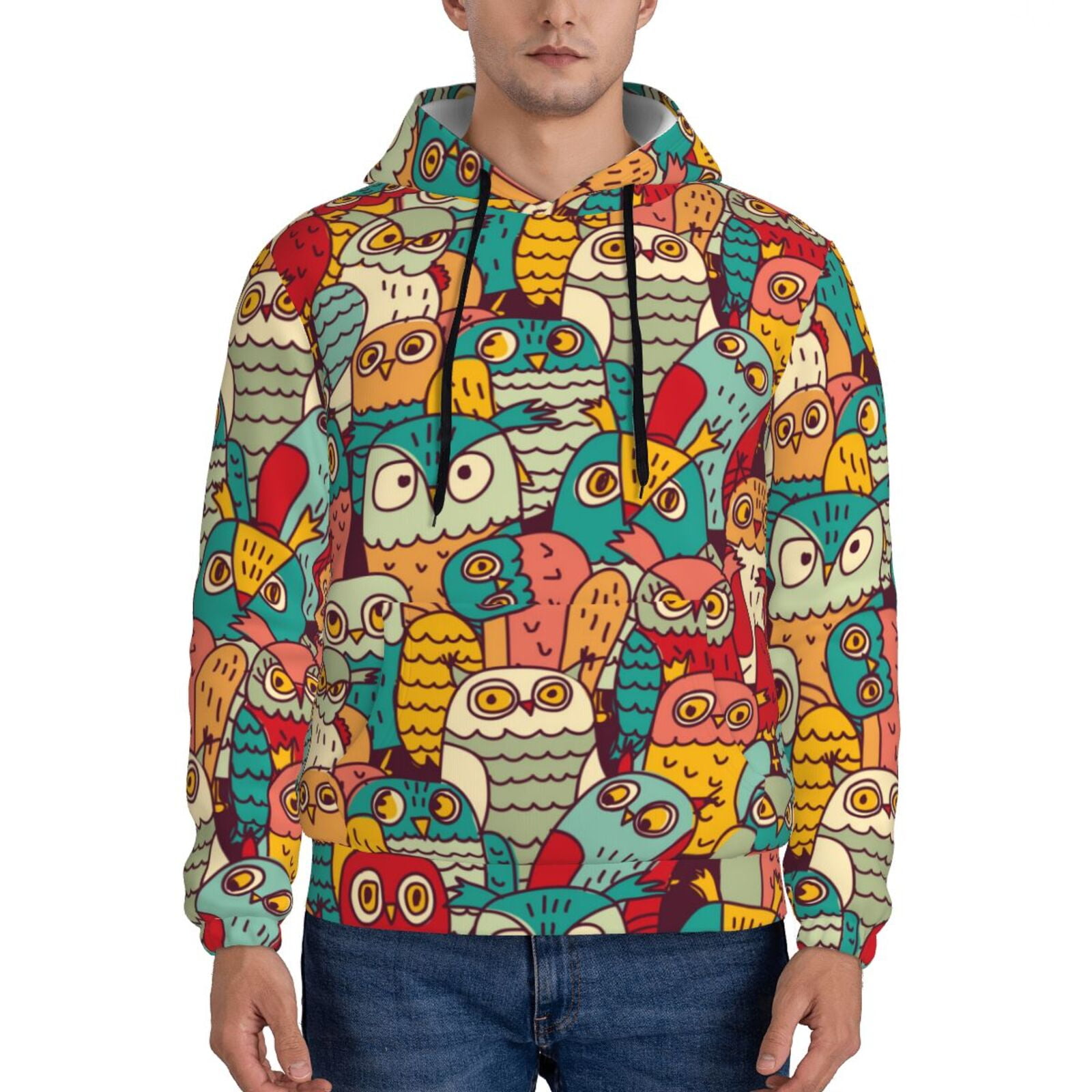 Balery Funny Owl Bird Pattern Mens Hoodie Kangaroo Pocket Hoodie ...