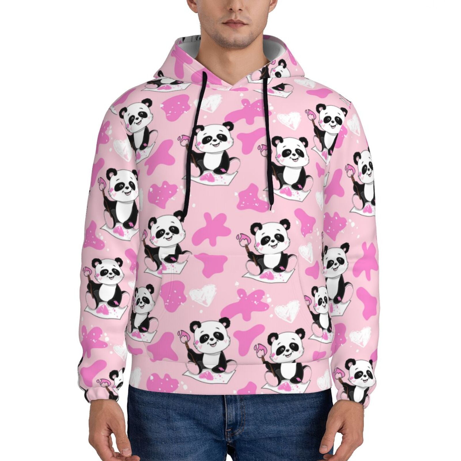 Balery Funny Panda Draws A Heart Pattern Mens Hoodie Kangaroo Pocket ...