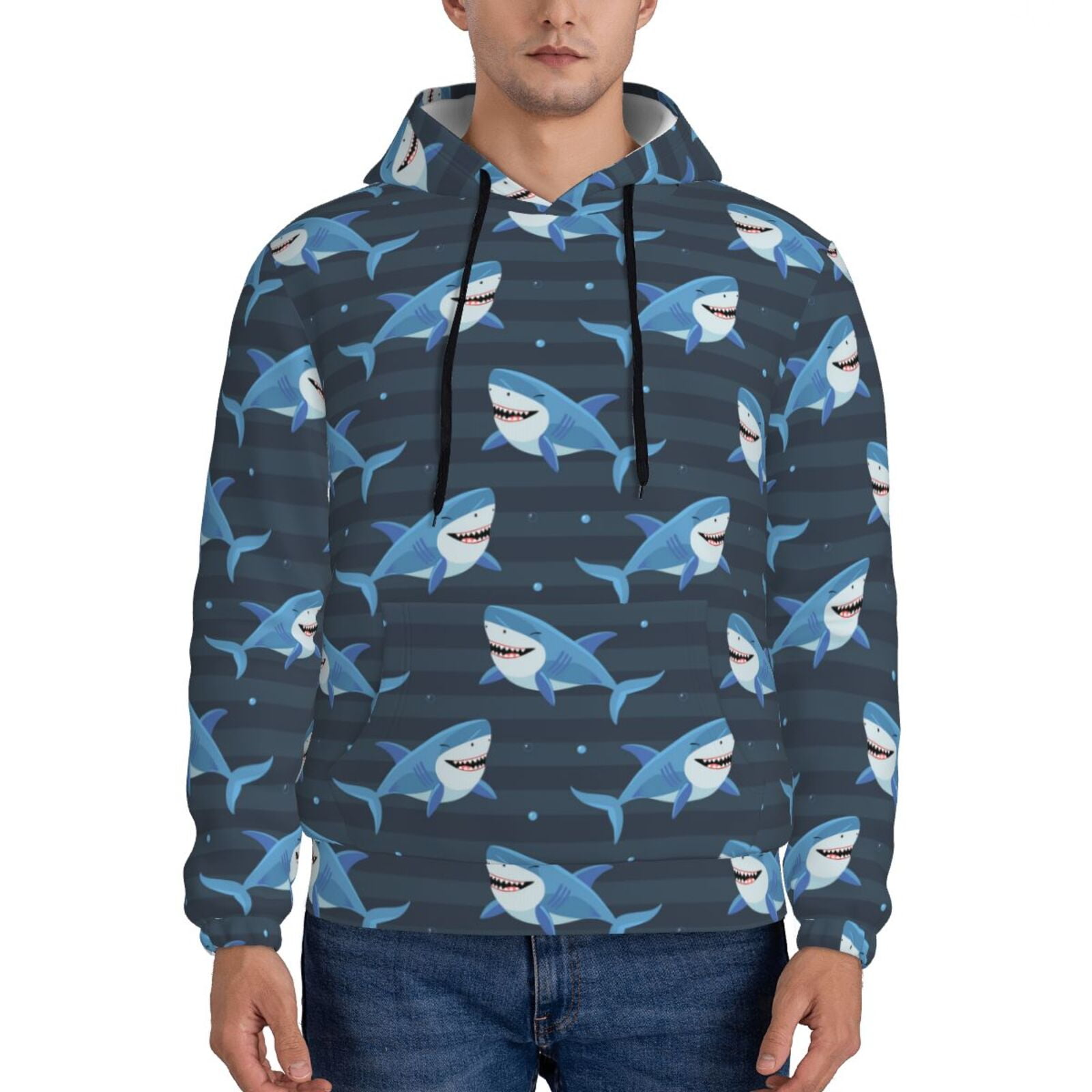 Balery Funny Sharks Pattern Mens Hoodie Kangaroo Pocket Hoodie Pullover ...
