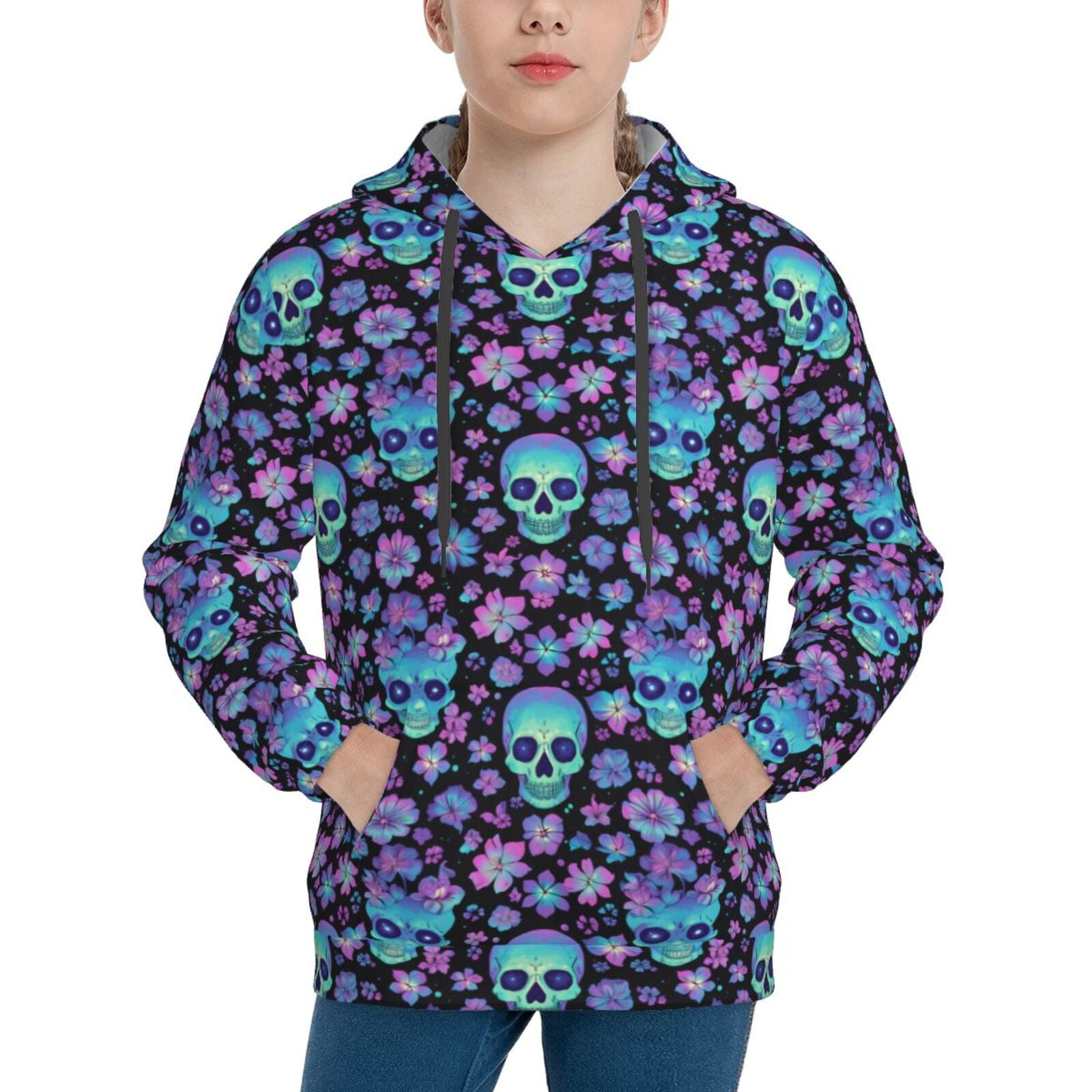 Balery Funny Skull Flower Pattern Boys Hoodie, Youth Pullover Hooded ...