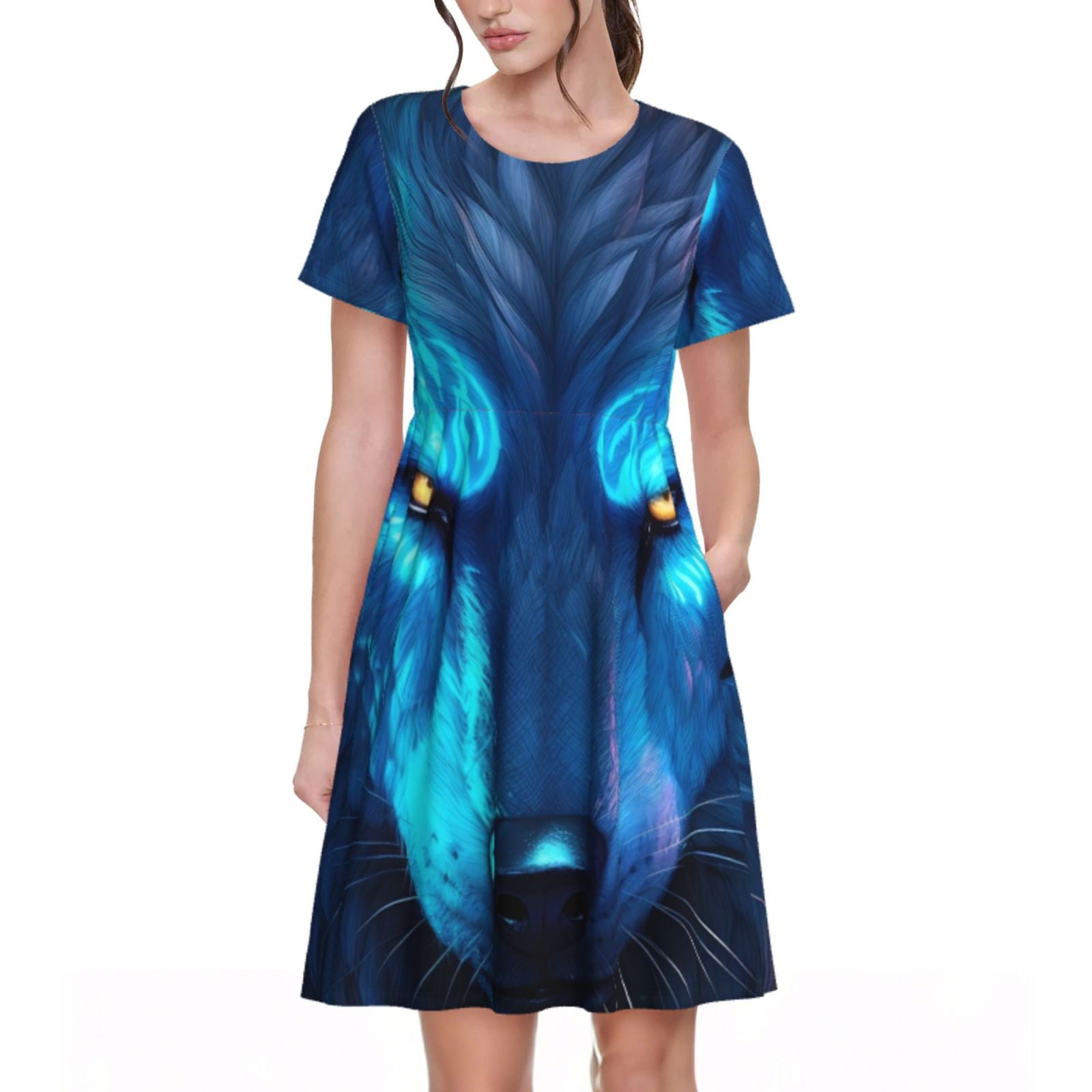 Balery Futuristic Blue Light Wolf Pattern Womens Dresses Loose Short ...