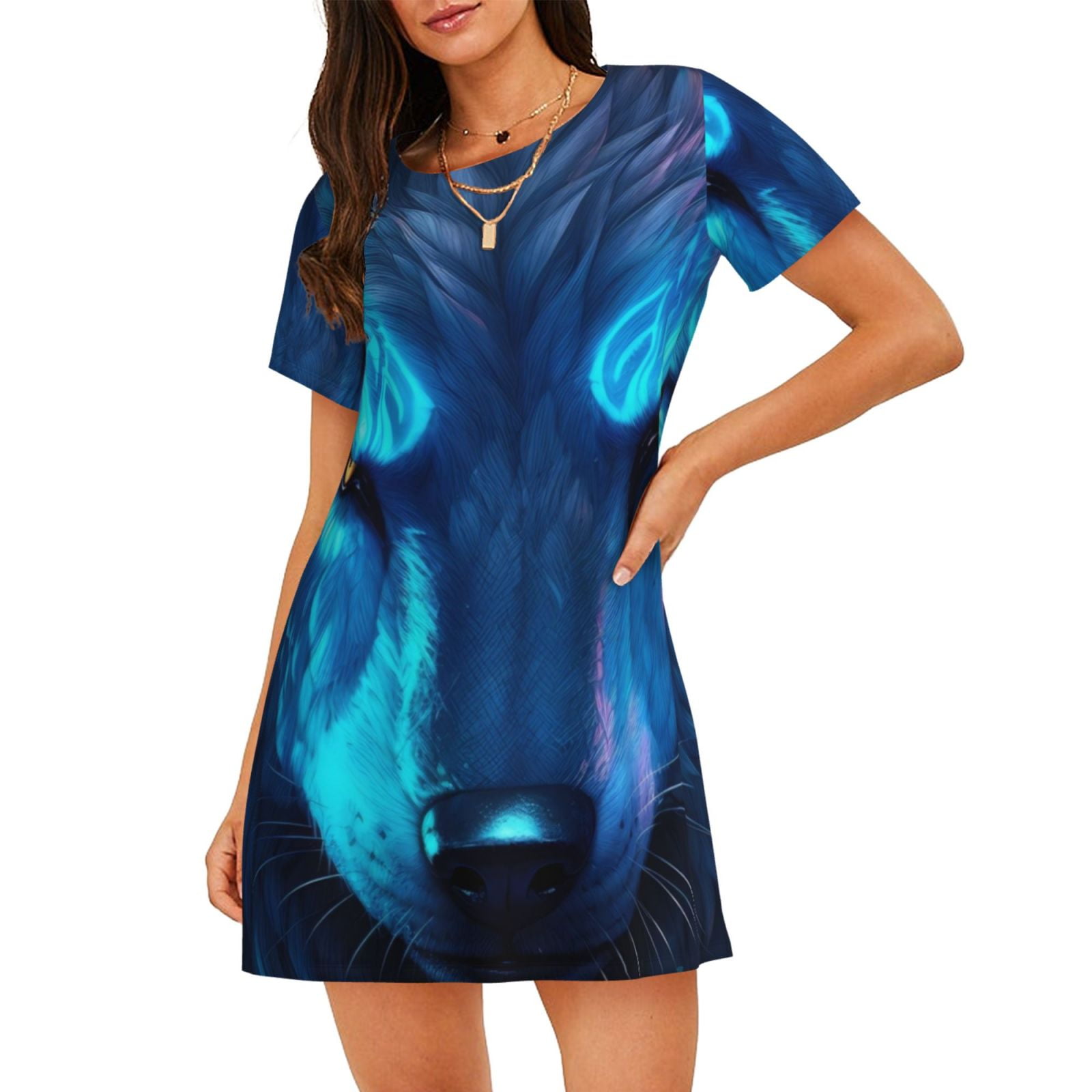 Balery Futuristic Blue Light Wolf Pattern Womens Short Sleeve ...