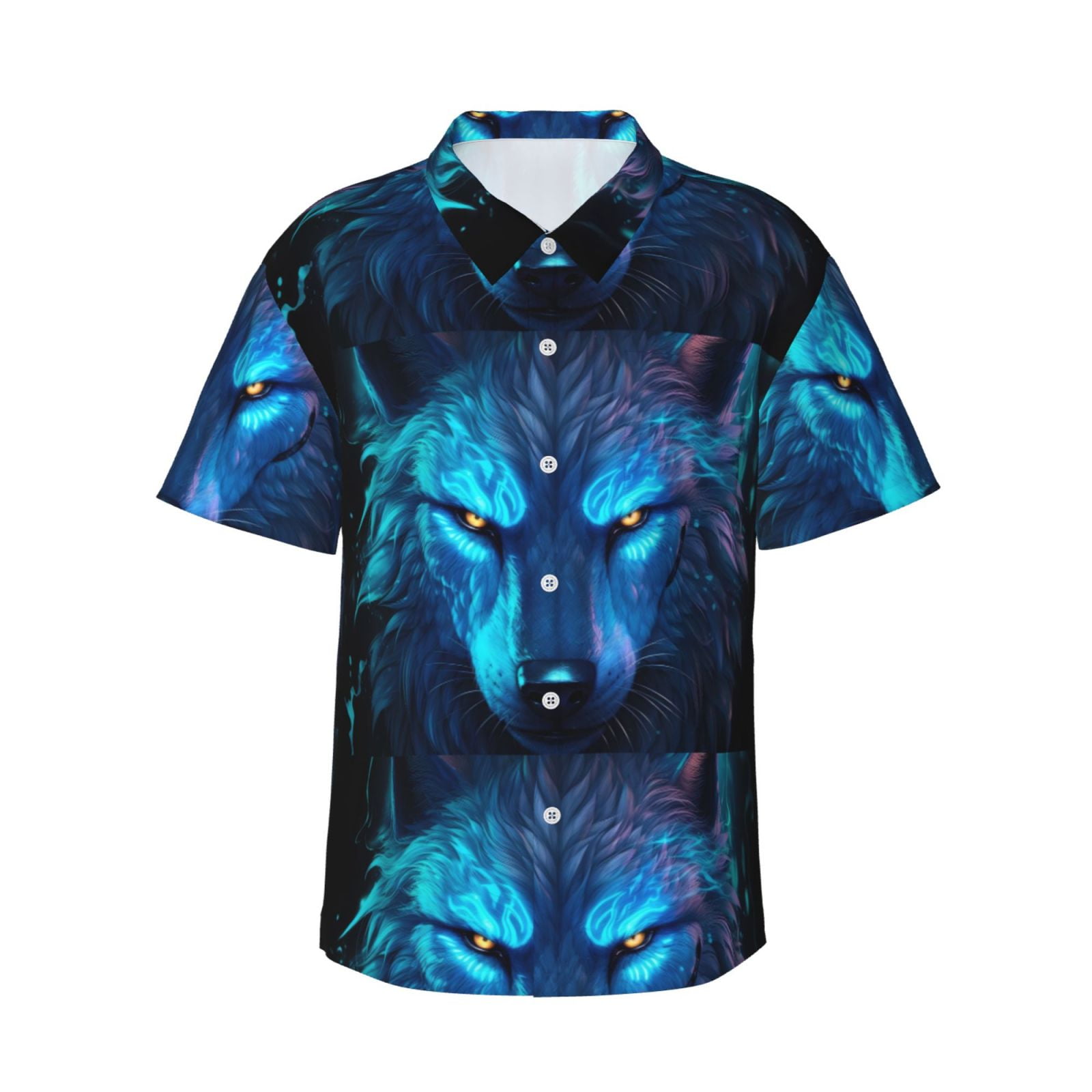 Balery Futuristic Blue Light Wolf Print Men's Hawaiian Shirts Short ...
