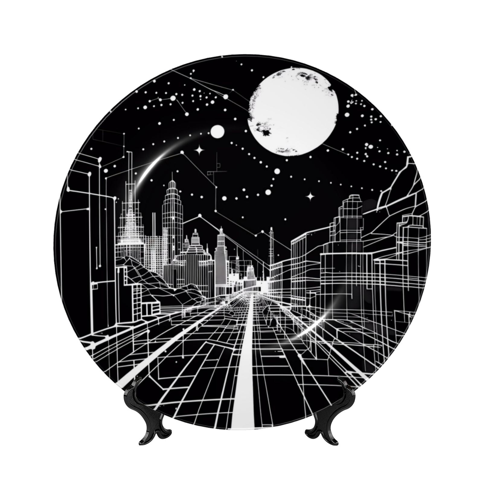Balery Futuristic Moonlit Cityscape Print Bone China Decorative Plate ...