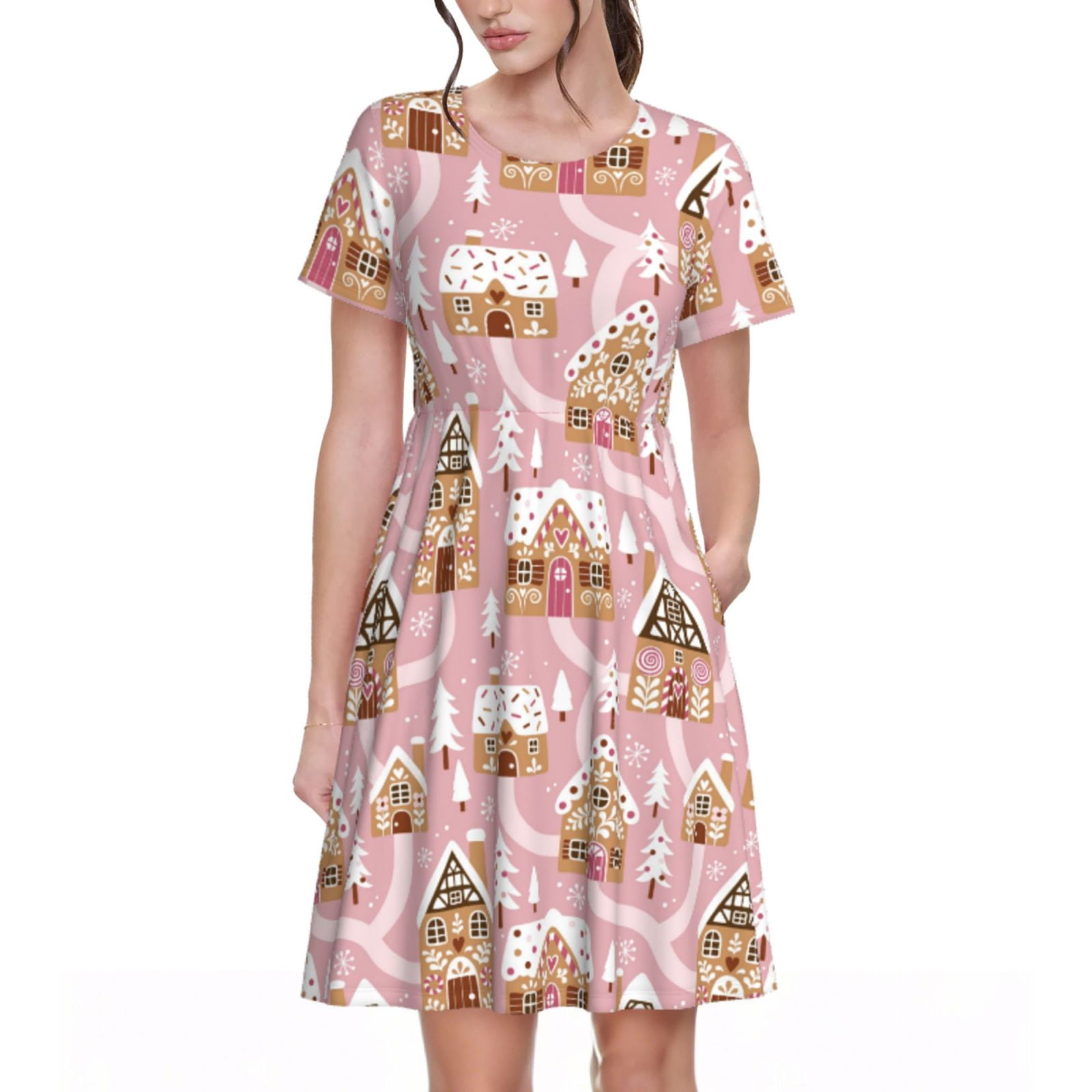 Balery Gingerbread Houses Pink Wonderland Pattern Womens Dresses Loose ...