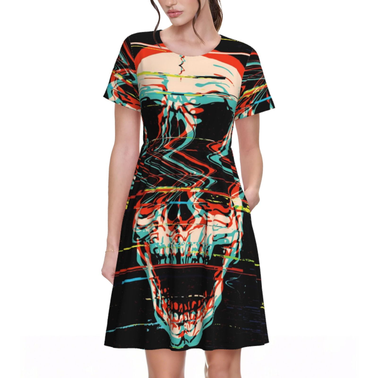 Balery Glitch Screaming Skull Pattern Womens Dresses Loose Short sleeve ...