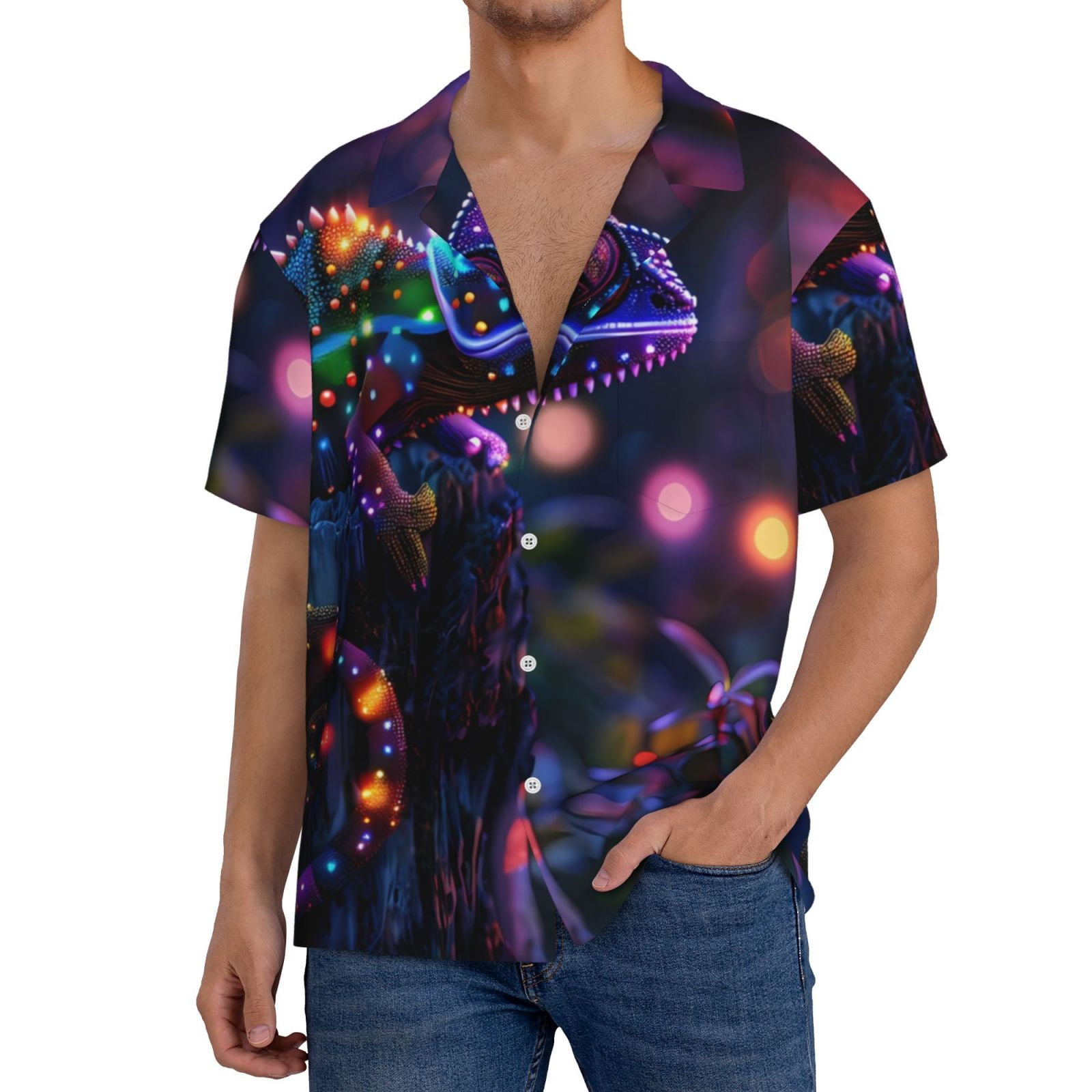 Balery Glowing Chameleon Fantasy Art Men's Casual Button Down Shirt ...