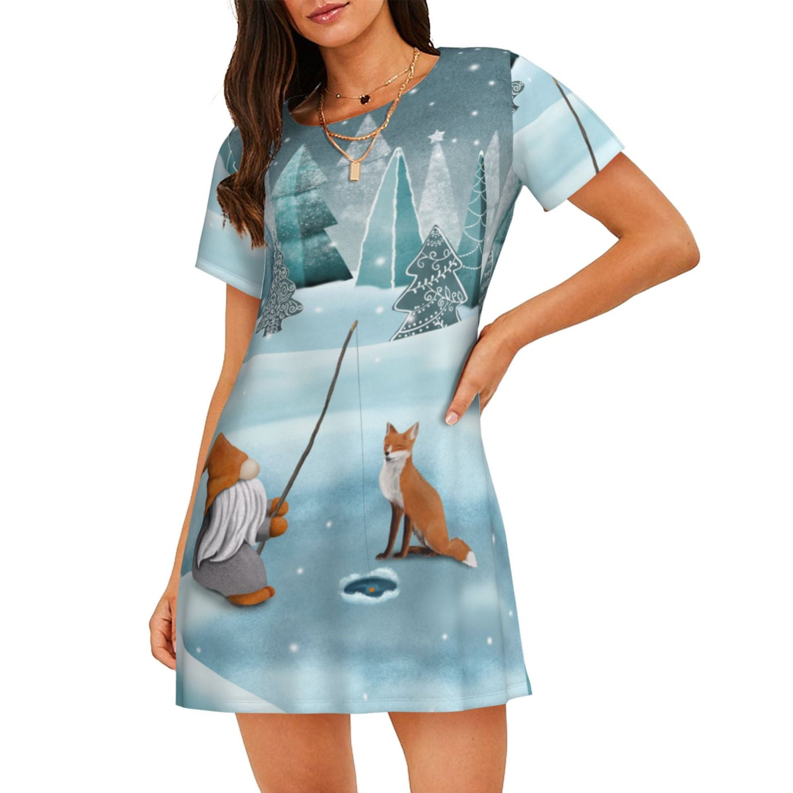 Balery Gnome And Red Fox Fishing Pattern Womens Short Sleeve Sleepshirt ...