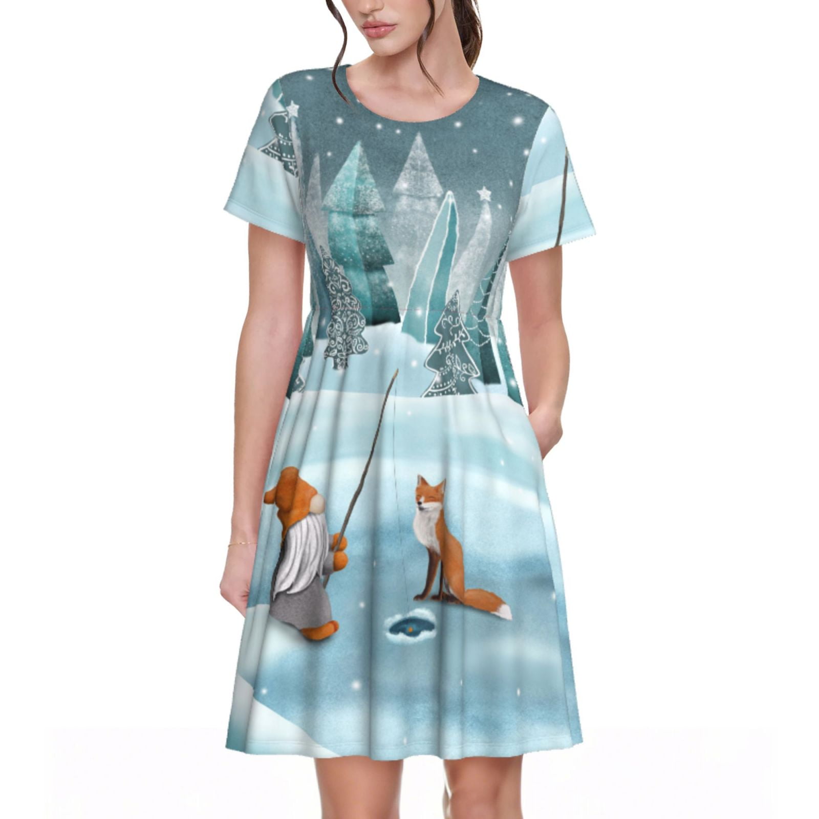 Balery Gnome And Red Fox Fishing Pattern Womens Dresses Loose Short ...