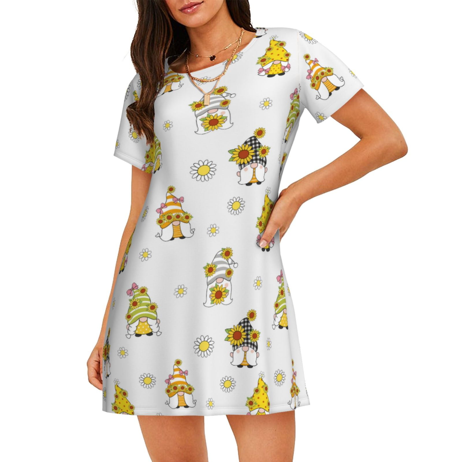Balery Gnome With Sunflower Pattern Womens Short Sleeve Sleepshirt ...