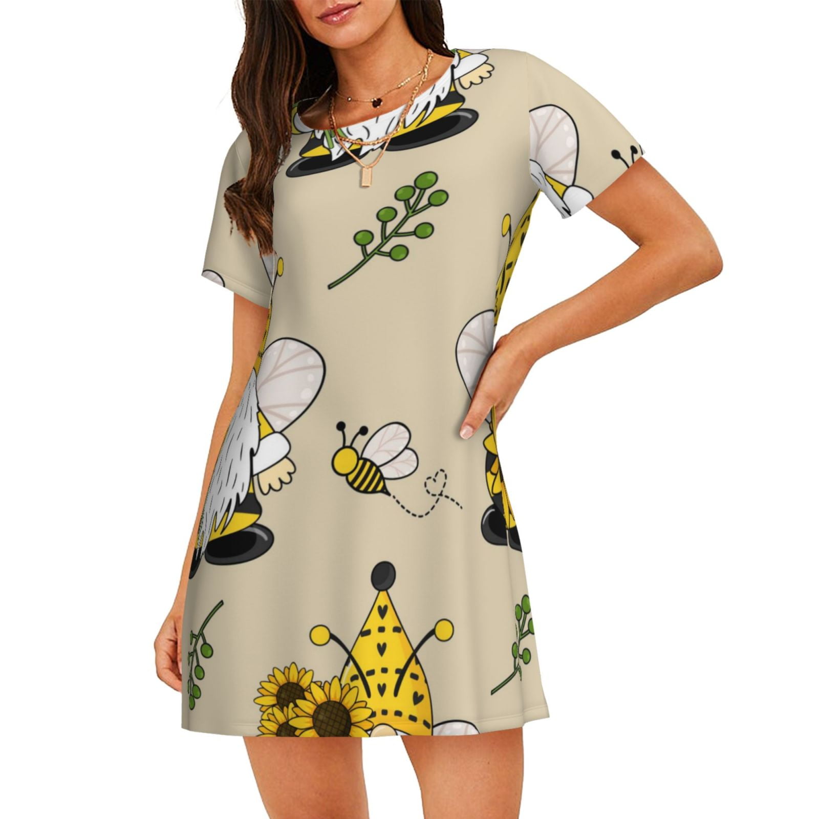 Balery Gnomes Bees And Sunflowers Pattern Womens Short Sleeve ...