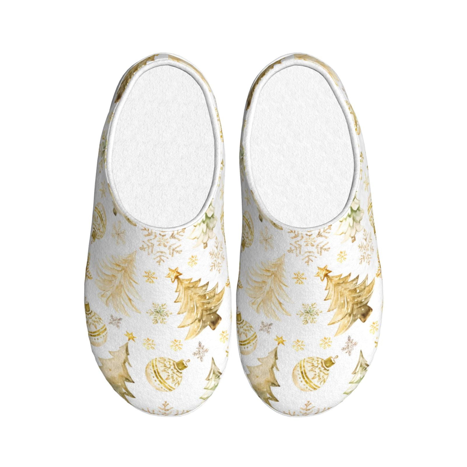 Balery Gold Christmas Tree Pattern Women's Fuzzy Memory Foam Slippers ...