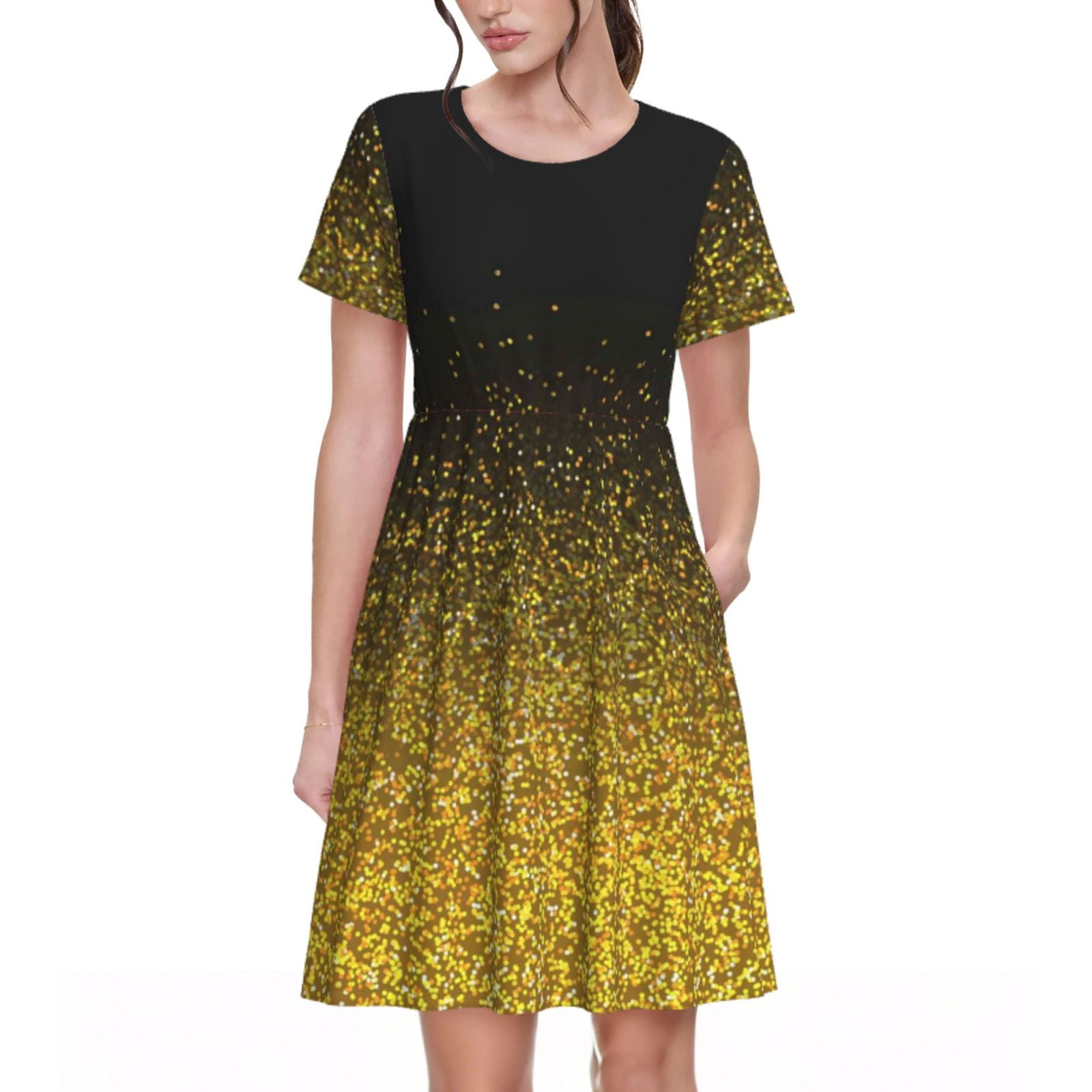 Balery Gold Glitter Gradient Pattern Womens Dresses Loose Short sleeve ...