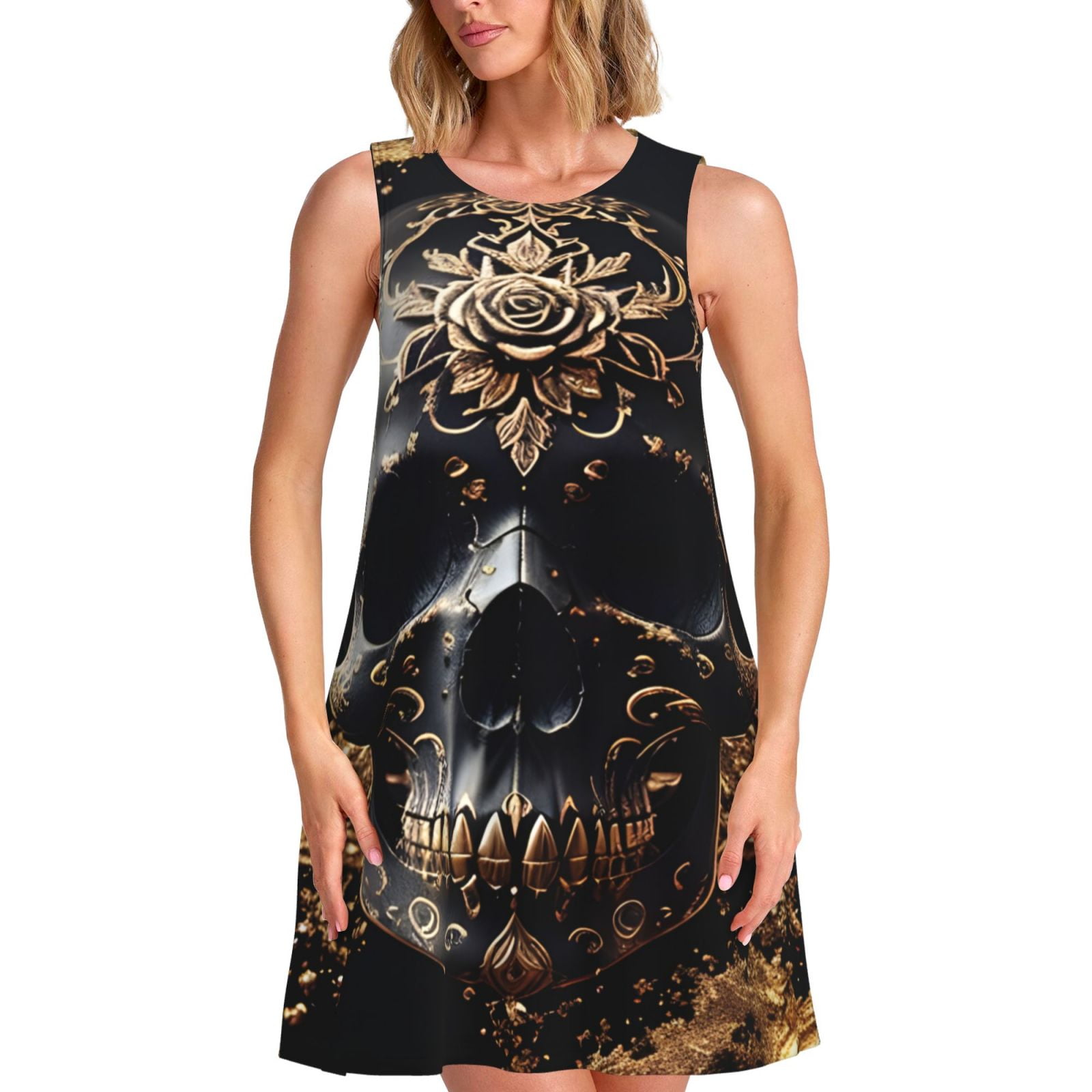 Balery Gold Pattern Black Skull Pattern Women’s Summer Dresses – Loose ...