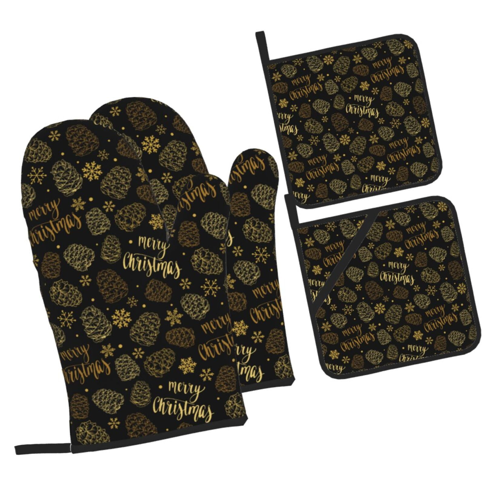 Balery Gold Pinecone Merry Christmas Pattern Oven Mitts and Pot Holders ...