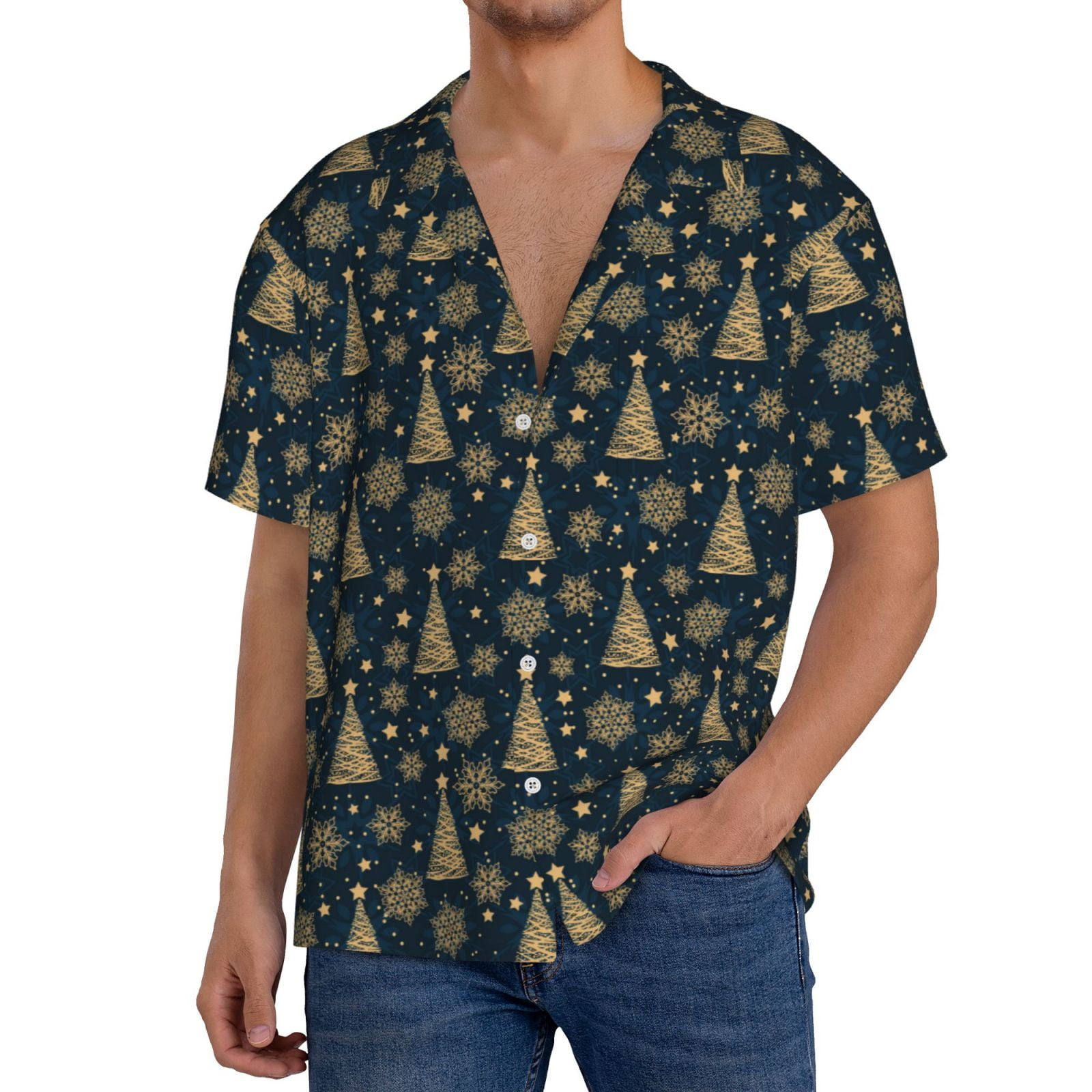Balery Gold Snowflake Christmas Tree Men's Casual Button Down Shirt ...