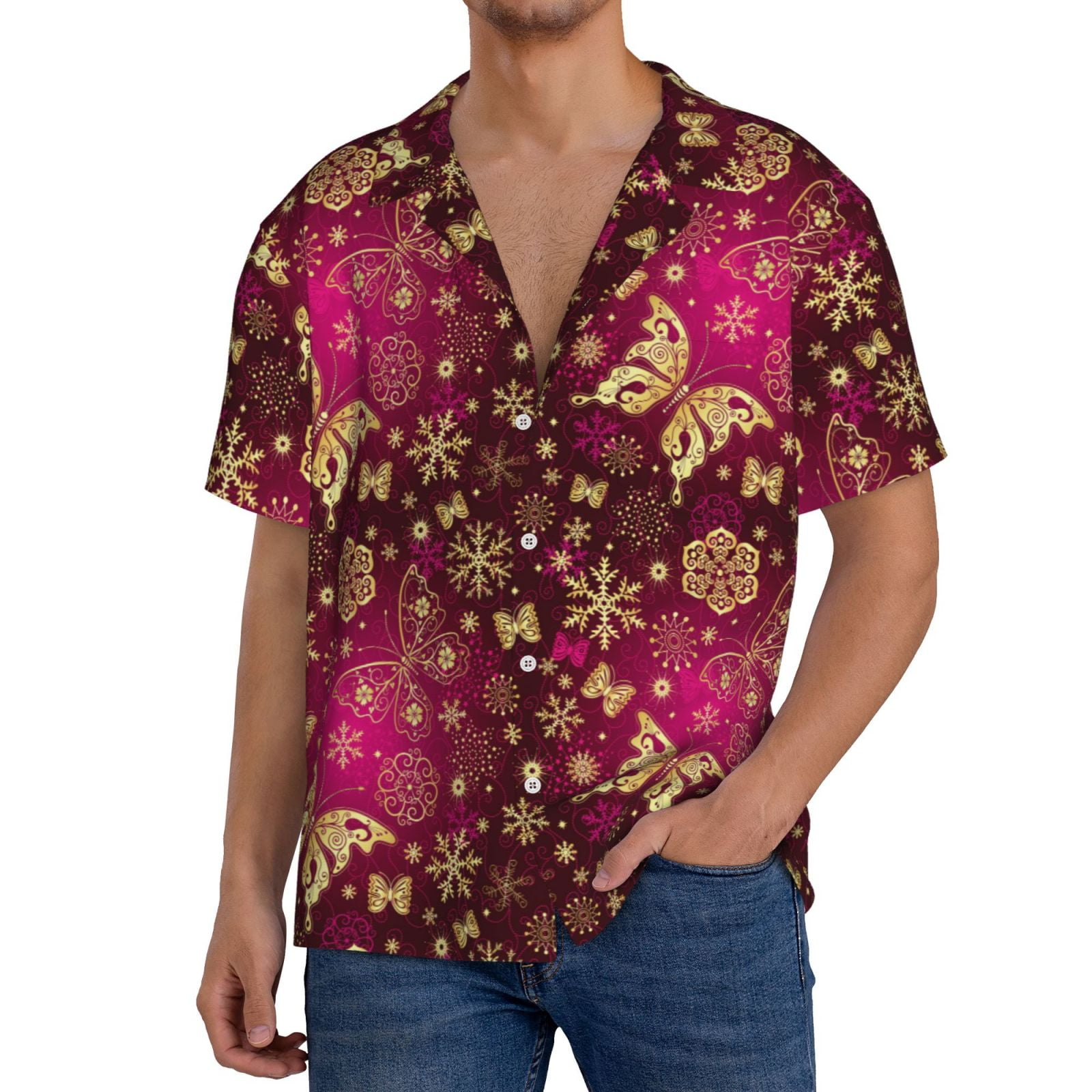 Balery Golden Snowflakes And And Butterflies Men's Casual Button Down ...