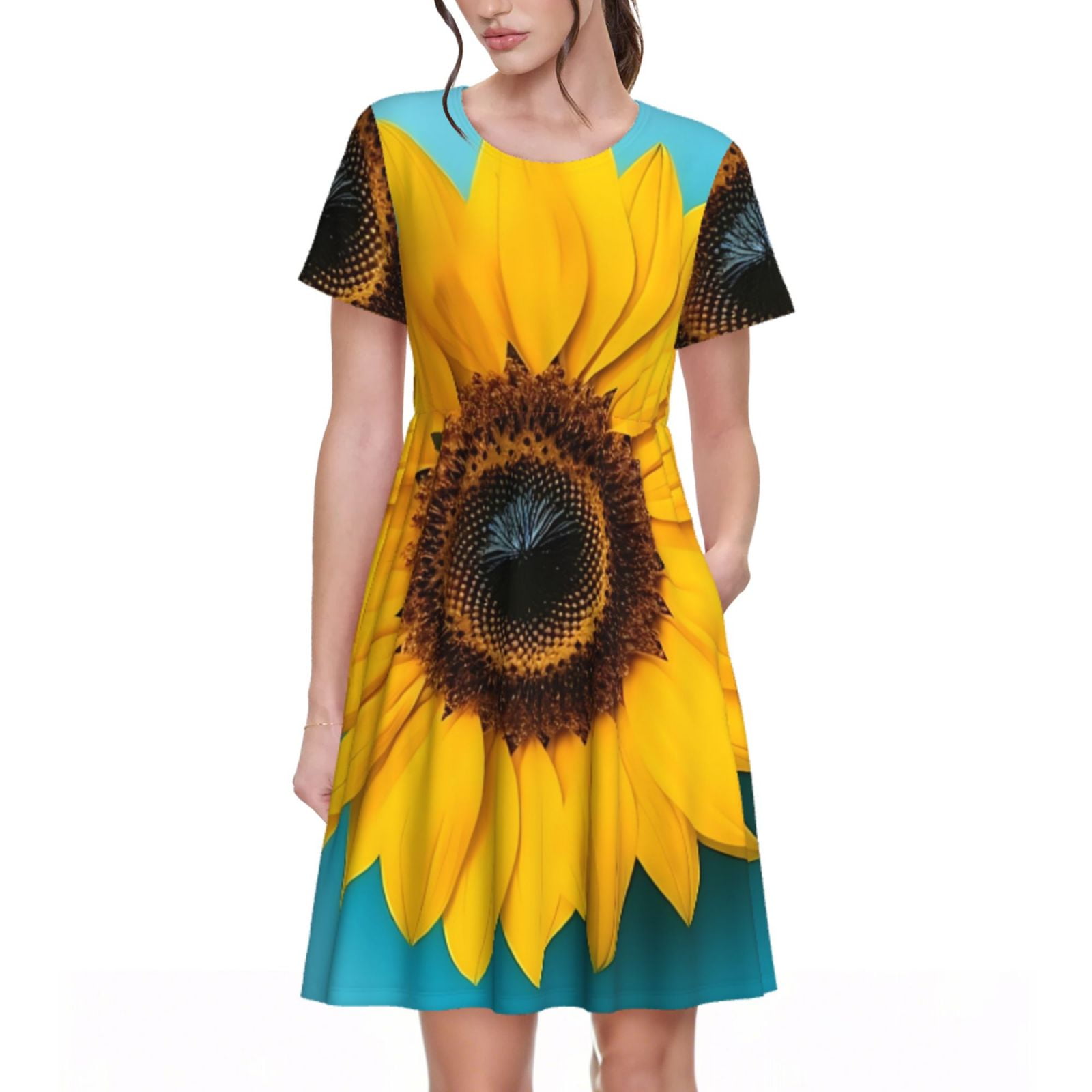 Balery Golden Sunflower in Blue Pattern Womens Dresses Loose Short ...