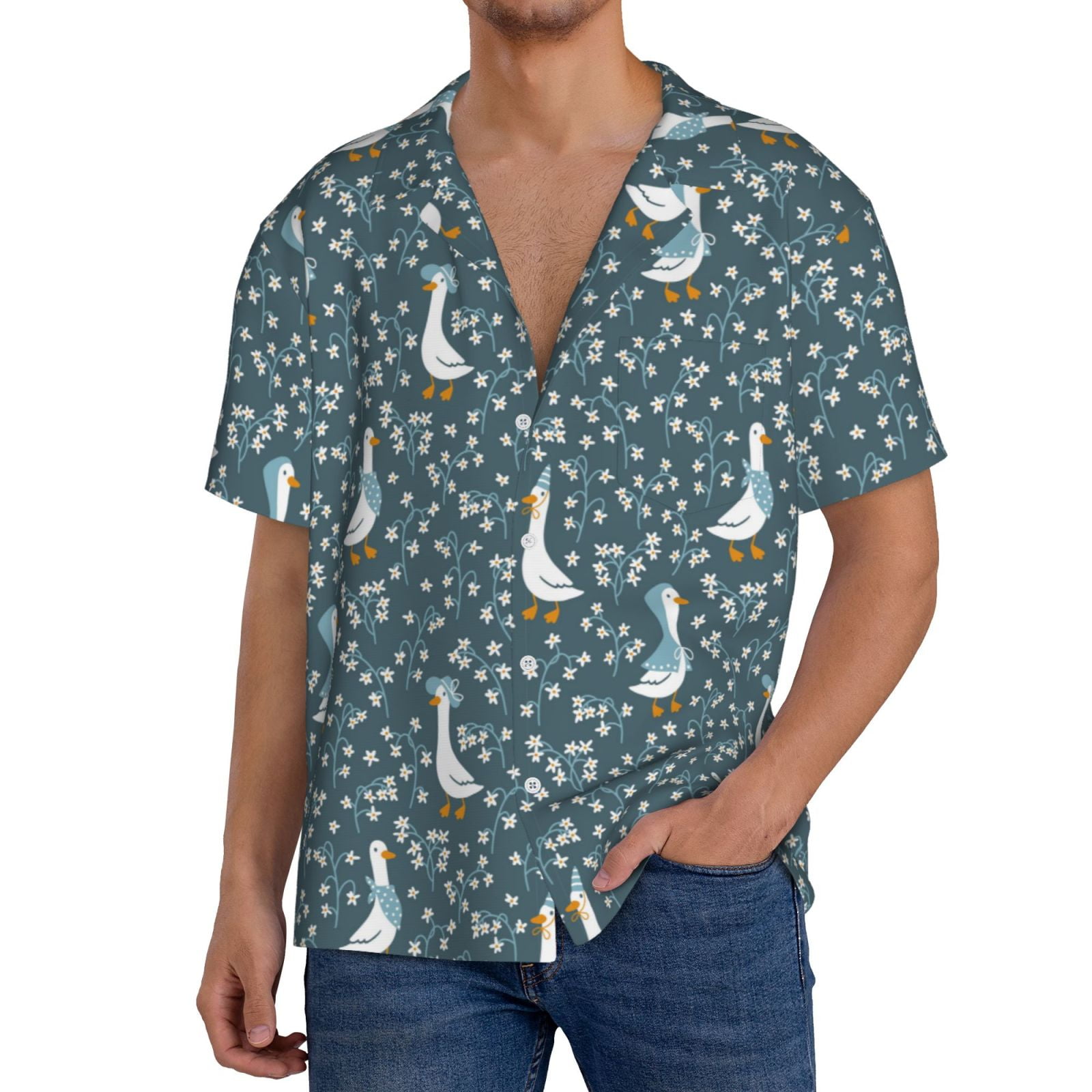 Balery Goose with meadow flowers Pattern Men's Casual Button Down Shirt ...