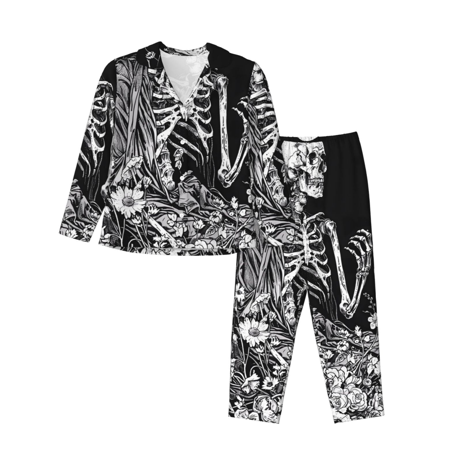Balery Gothic Skull Floral Art Pattern Pajama Sets for Women Long ...