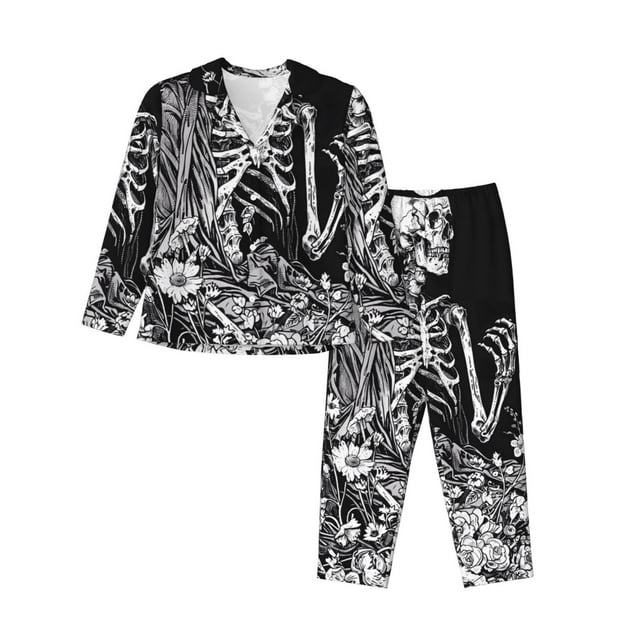 Balery Gothic Skull Floral Art Pattern Pajama Sets for Women Long ...