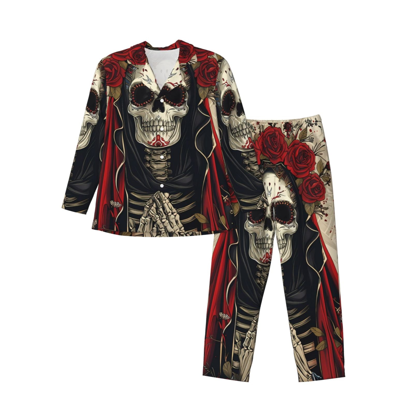 Balery Gothic Skull With Roses Pattern Pajama Sets for Men Long Sleeve ...