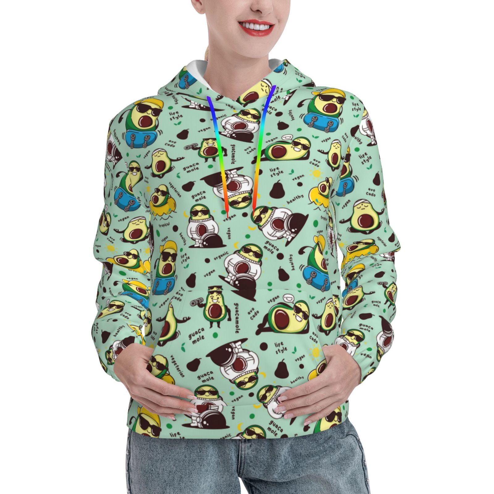 Balery Green Cute Avocado Pattern Womens Long Sleeve Hoodie, Pullover ...
