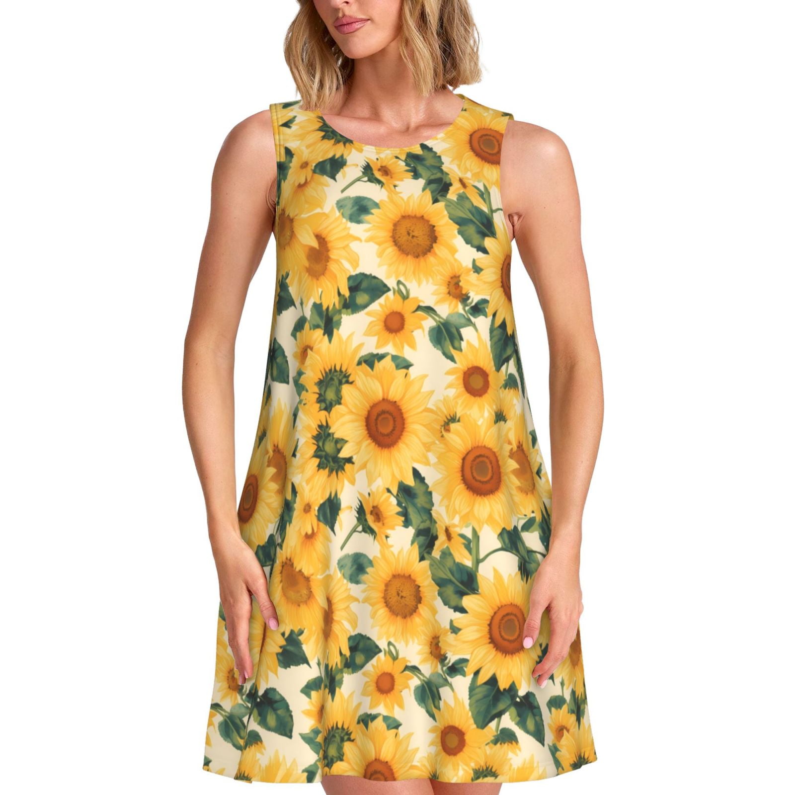 Balery Green Leaf Sunflower Pattern Women’s Summer Dresses – Loose ...