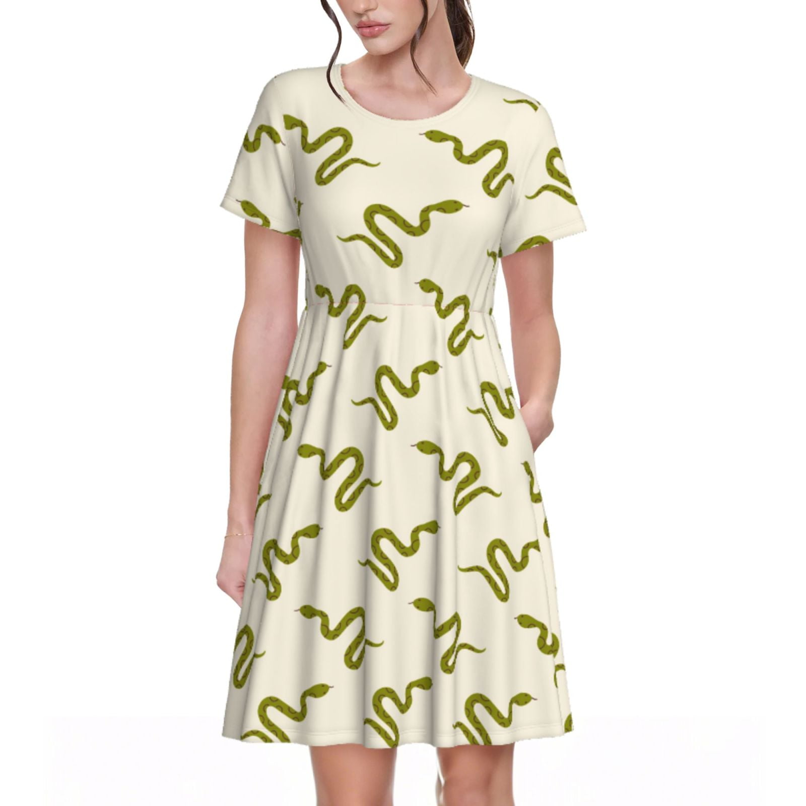 Balery Green Snake Pattern Womens Dresses Loose Short sleeve Sundresses ...