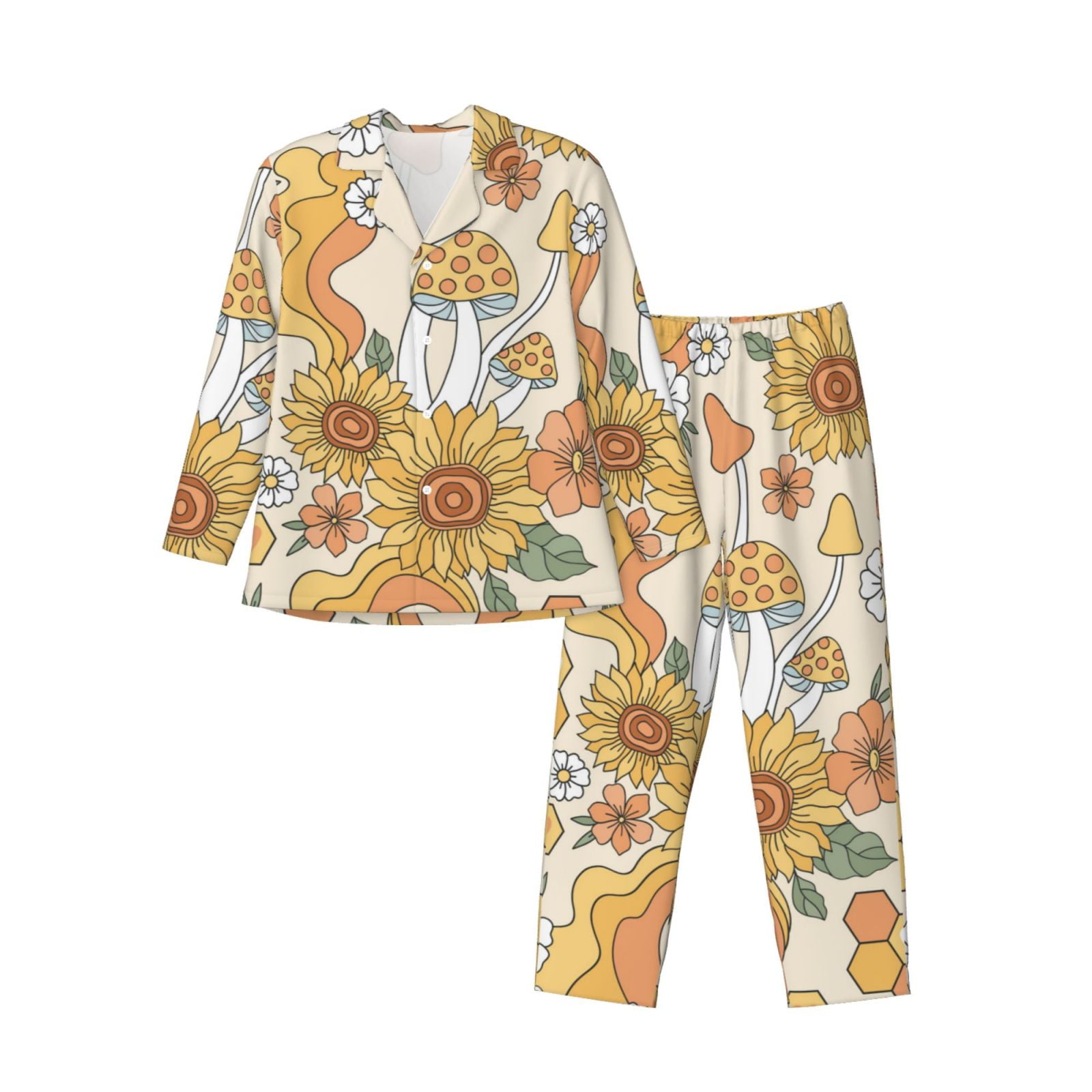 Balery Groovy Hippie Flower Mushrooms Pattern Pajama Sets for Men Long ...