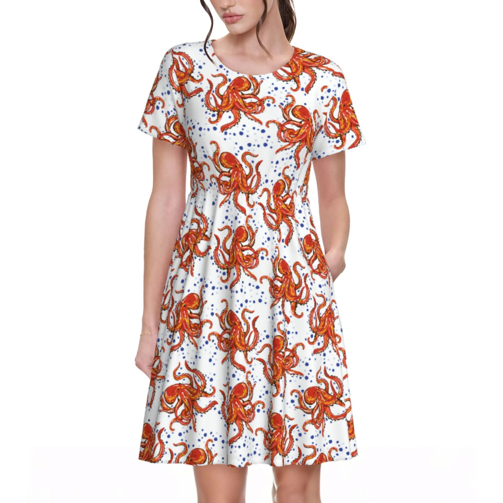 Balery Hand drawn octopus Pattern Womens Dresses Loose Short sleeve ...